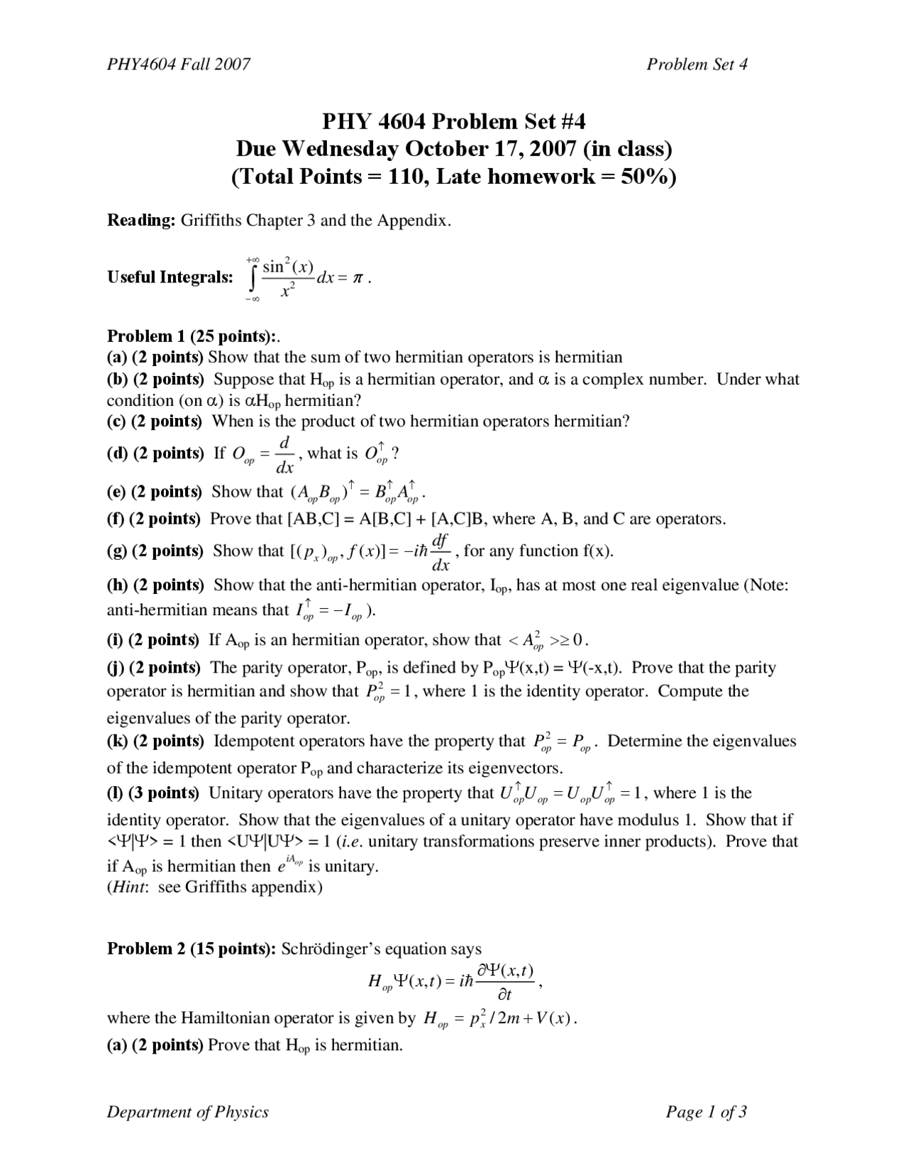 Problem Set 4 - Introduction to Quantum Mechanics I | PHY 4604 - Docsity