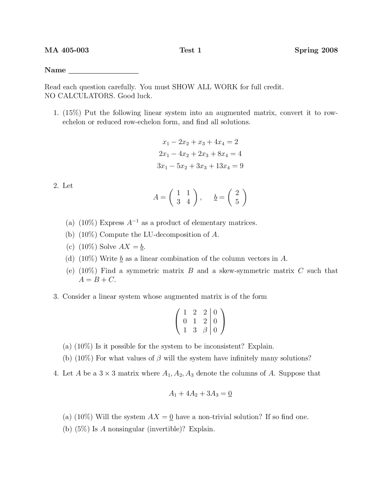 Test 1 With Solutions Introduction To Linear Algebra Ma 405 Docsity