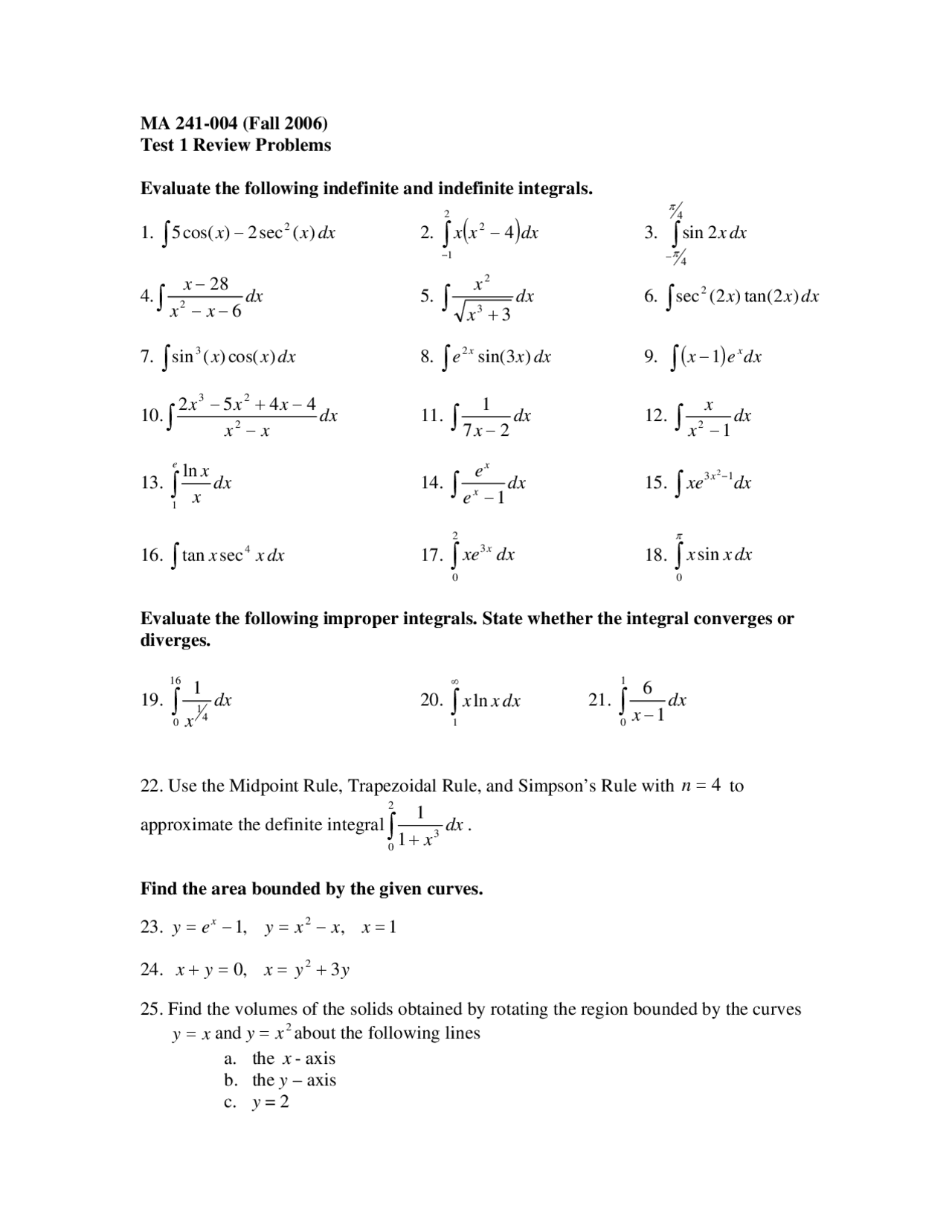 Test 1 Review Problems for Calculus II | MA 241 - Docsity