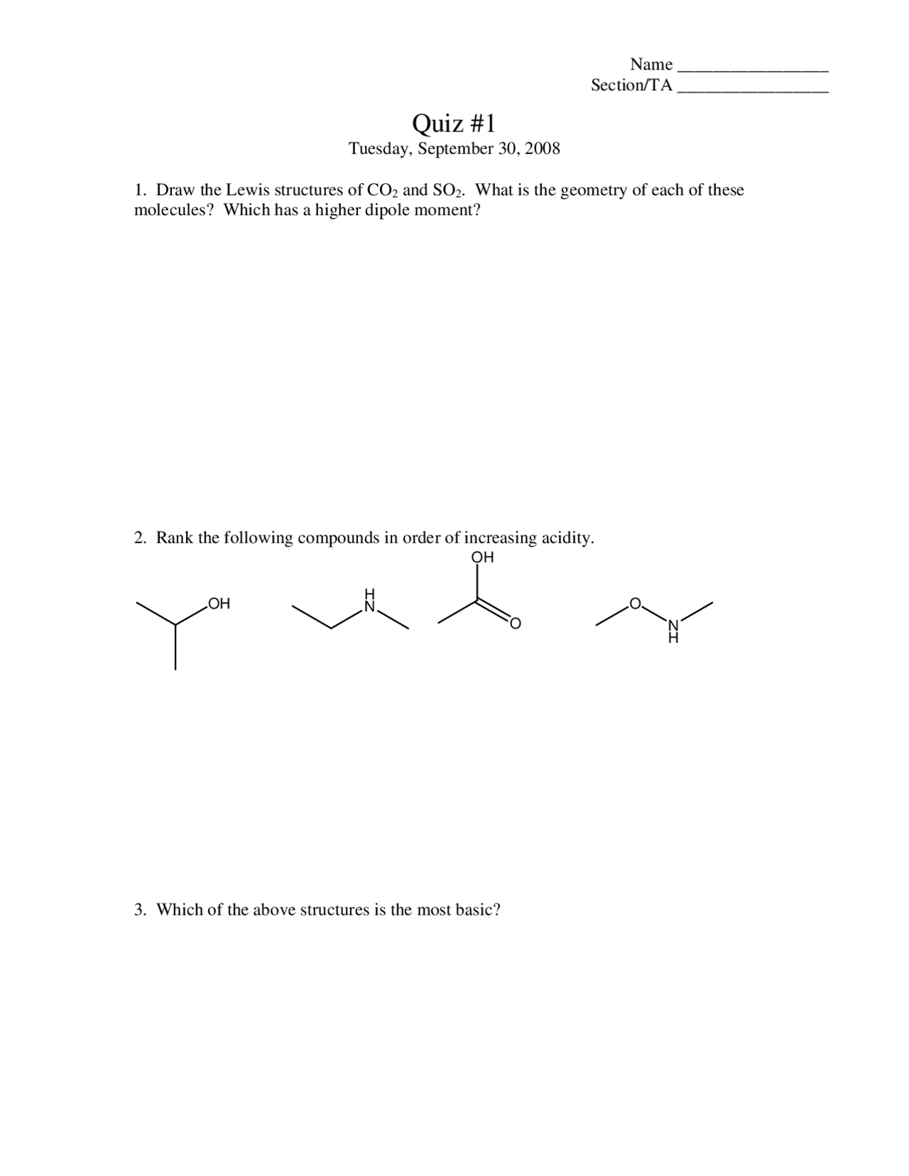 Quiz 1 - Organic Chemistry - Fall 2008 | CHEM 237 | Quizzes Organic ...
