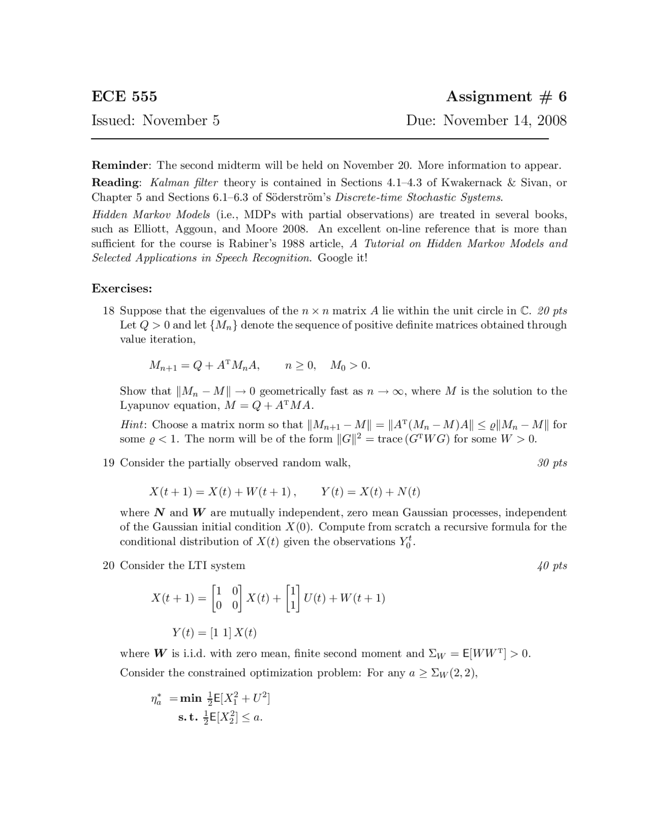 Assignment Six Questions For Control Of Stochastic Systems Ece 555