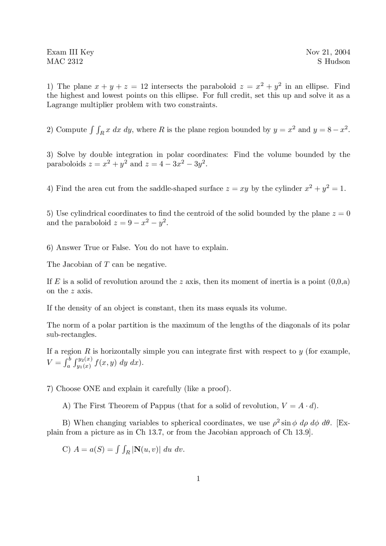 Examination 3 With Solution Calculus Ii Mac 2312 Docsity
