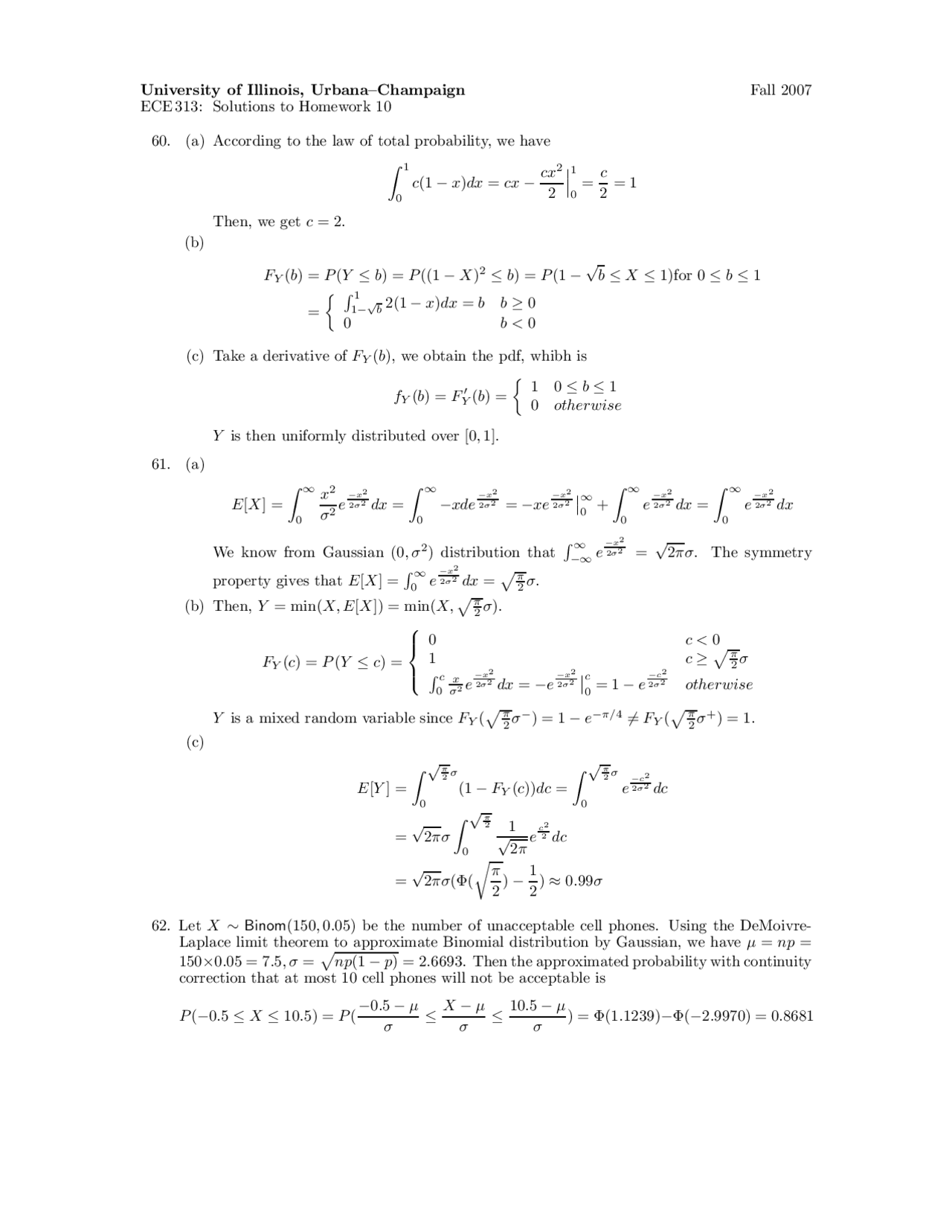 Solution to Homework 10 - Probability with Engineering Application | ECE 313 - Docsity