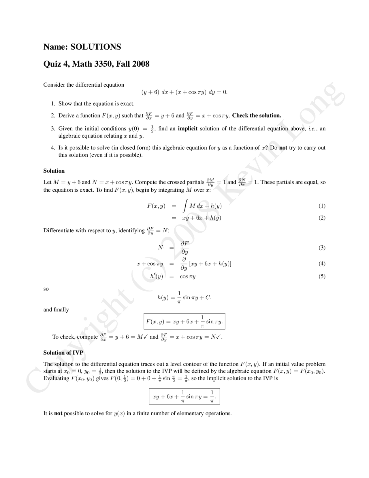 Solution Of Quiz 4 Higher Mathematics For Engineers And Scientists I
