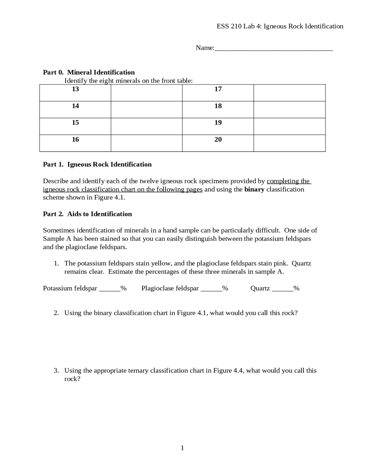 Laboratory 4 - Mineral Identification | ESS 210 - Docsity