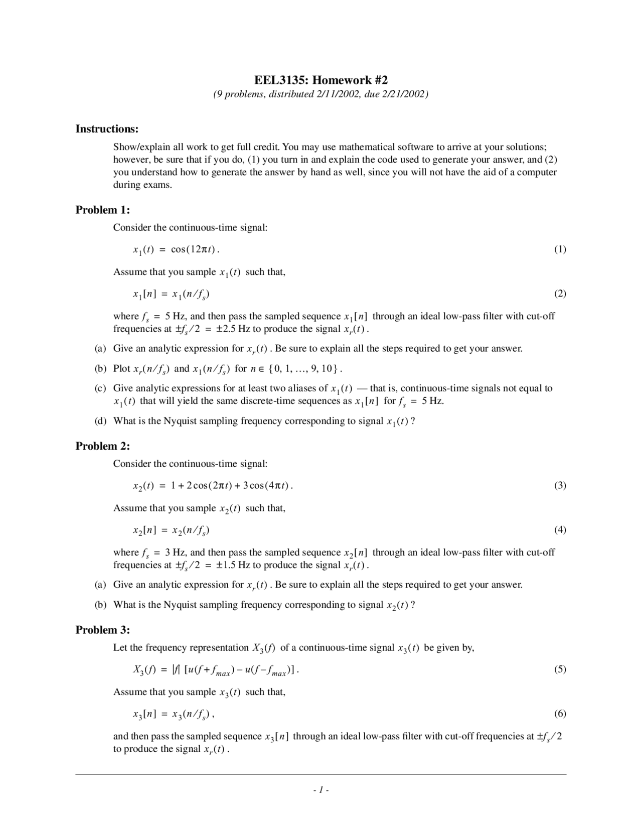 Homework 2 Problems For Introduction To Signals And Systems Eel 3135