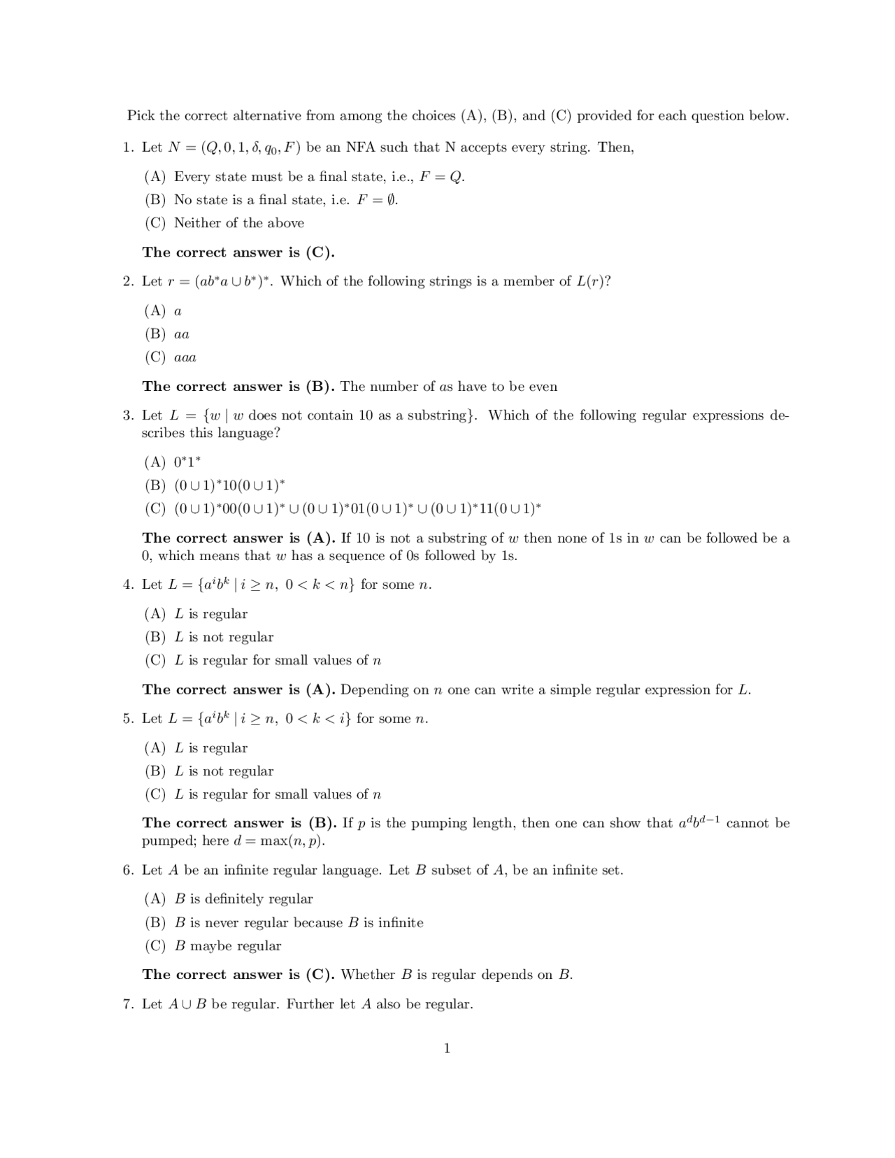 10 Multiple Choice Questions Of Theory Of Computation Cs 373 Docsity