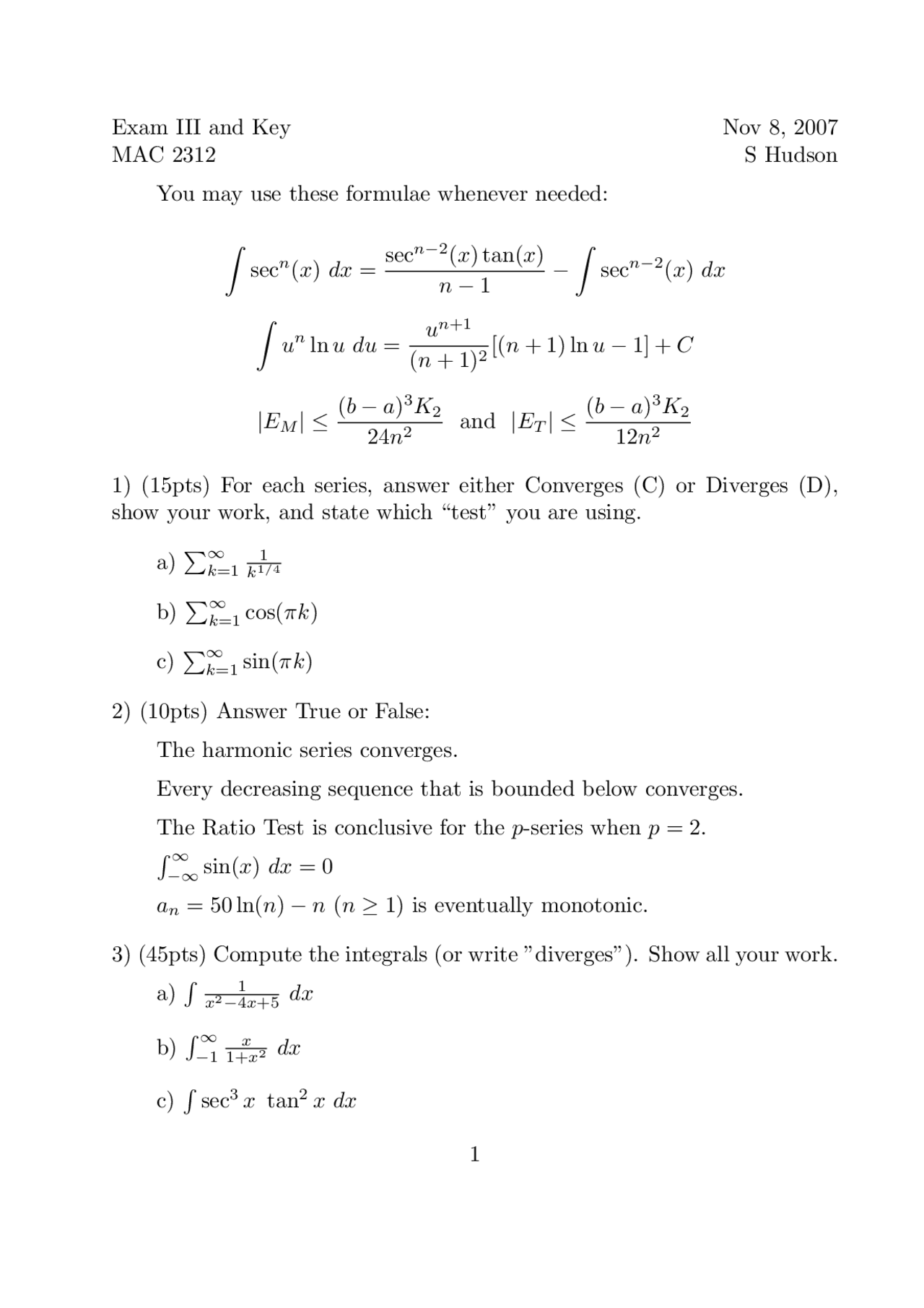 Exam 3 With Answer Key And Remarks Calculus Ii 2007 Mac 2312