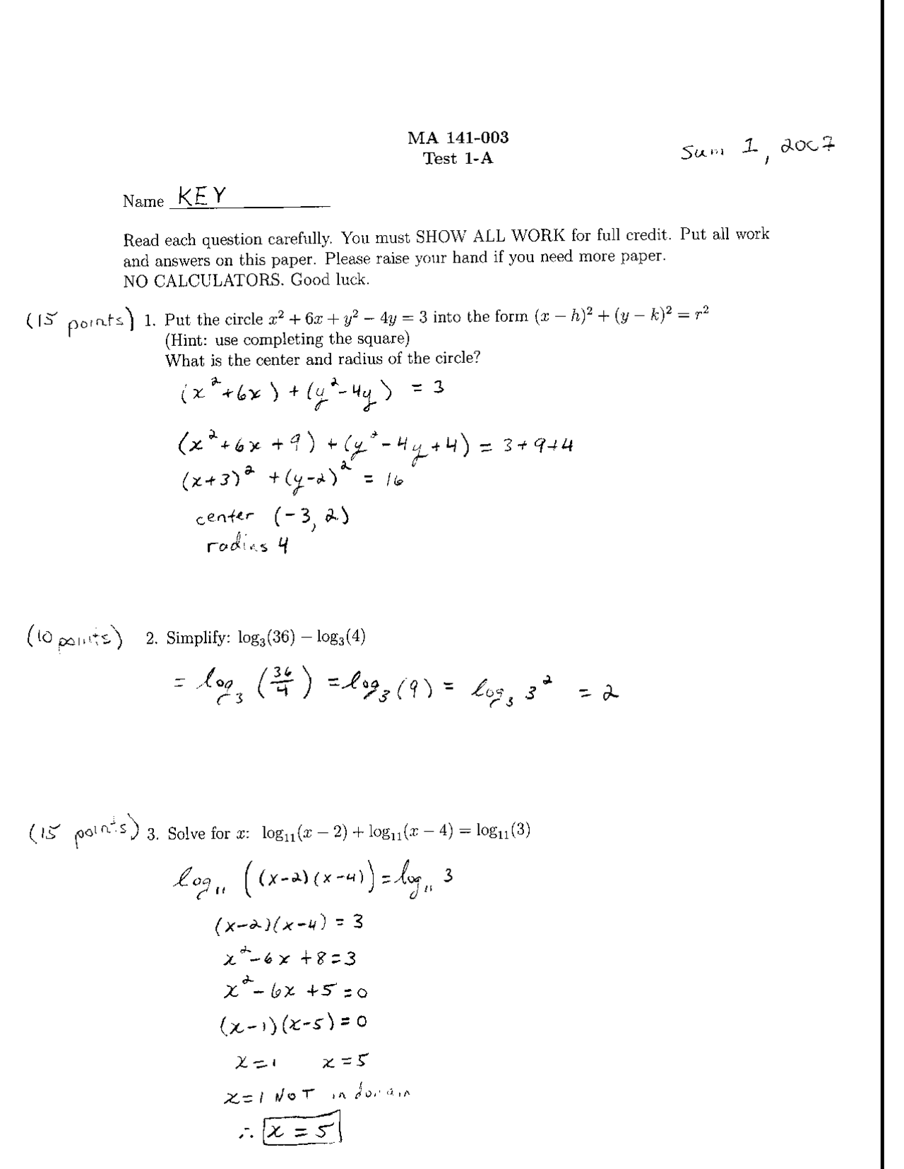 Test 1a With Answer Key Calculus I Ma 141 Docsity