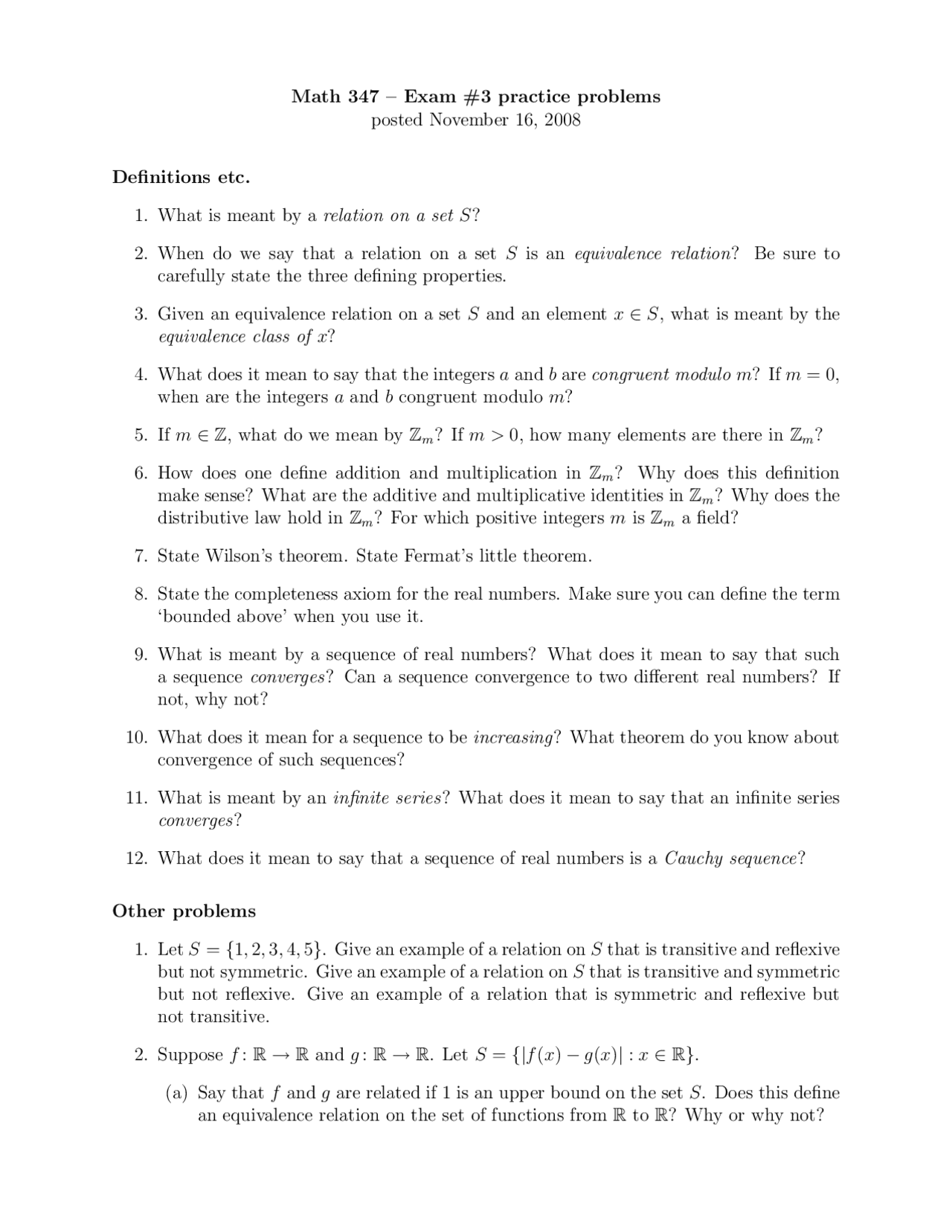 Exam 3 Practice Problems Fundamental Mathematics Math 347 Docsity