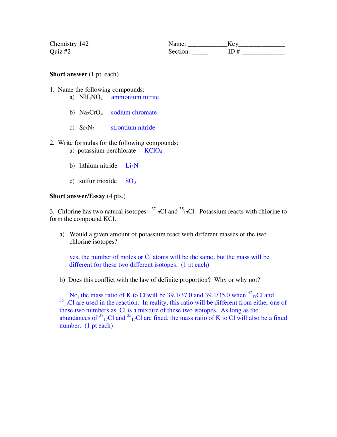 Solved Quiz 2 For General Chemistry Chem 142 Docsity