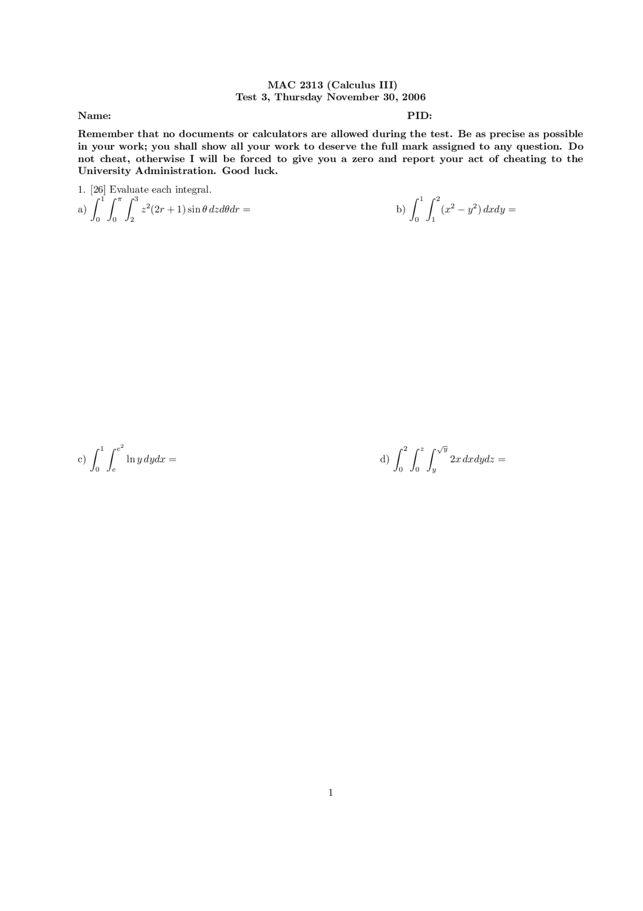 Test 3 Multivariable Calculus Mac 2313 Docsity