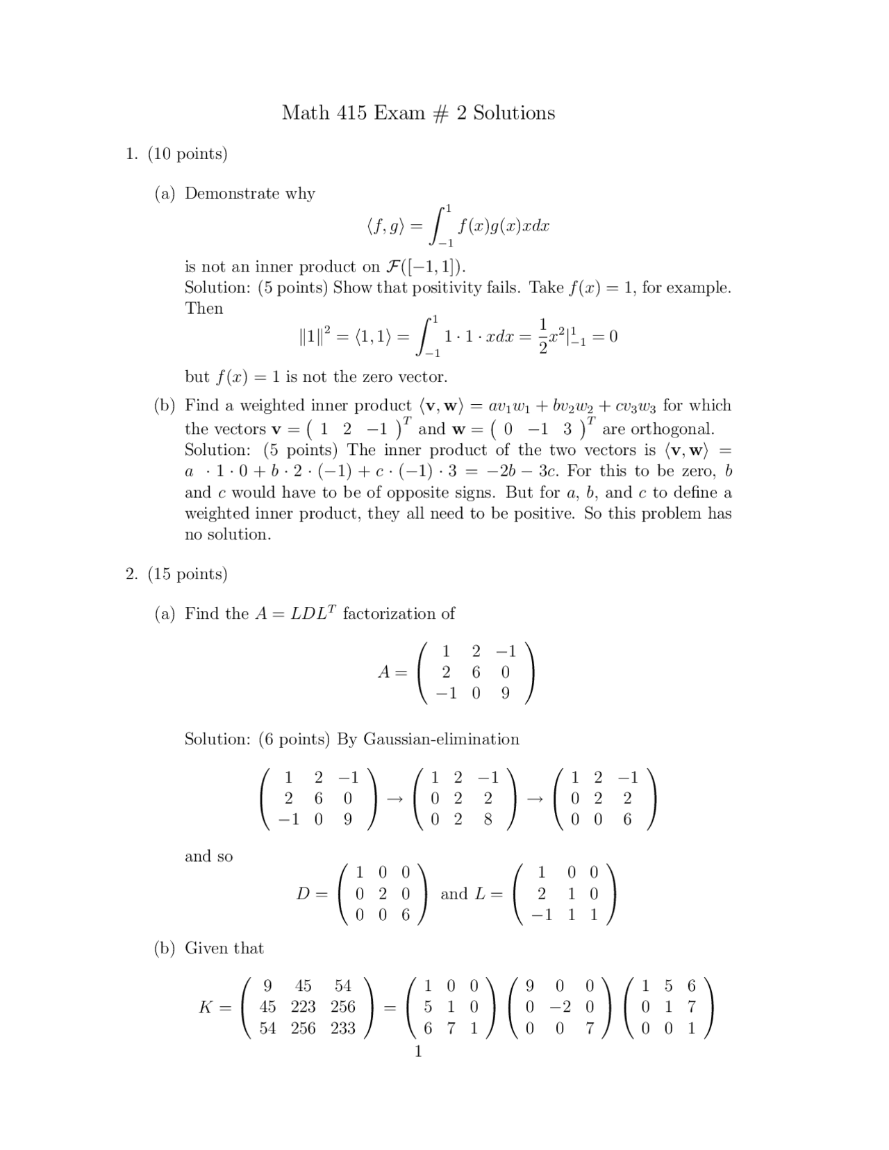 Math 415 Exam 2 Solutions: Inner Products, Orthogonality, and Linear ...