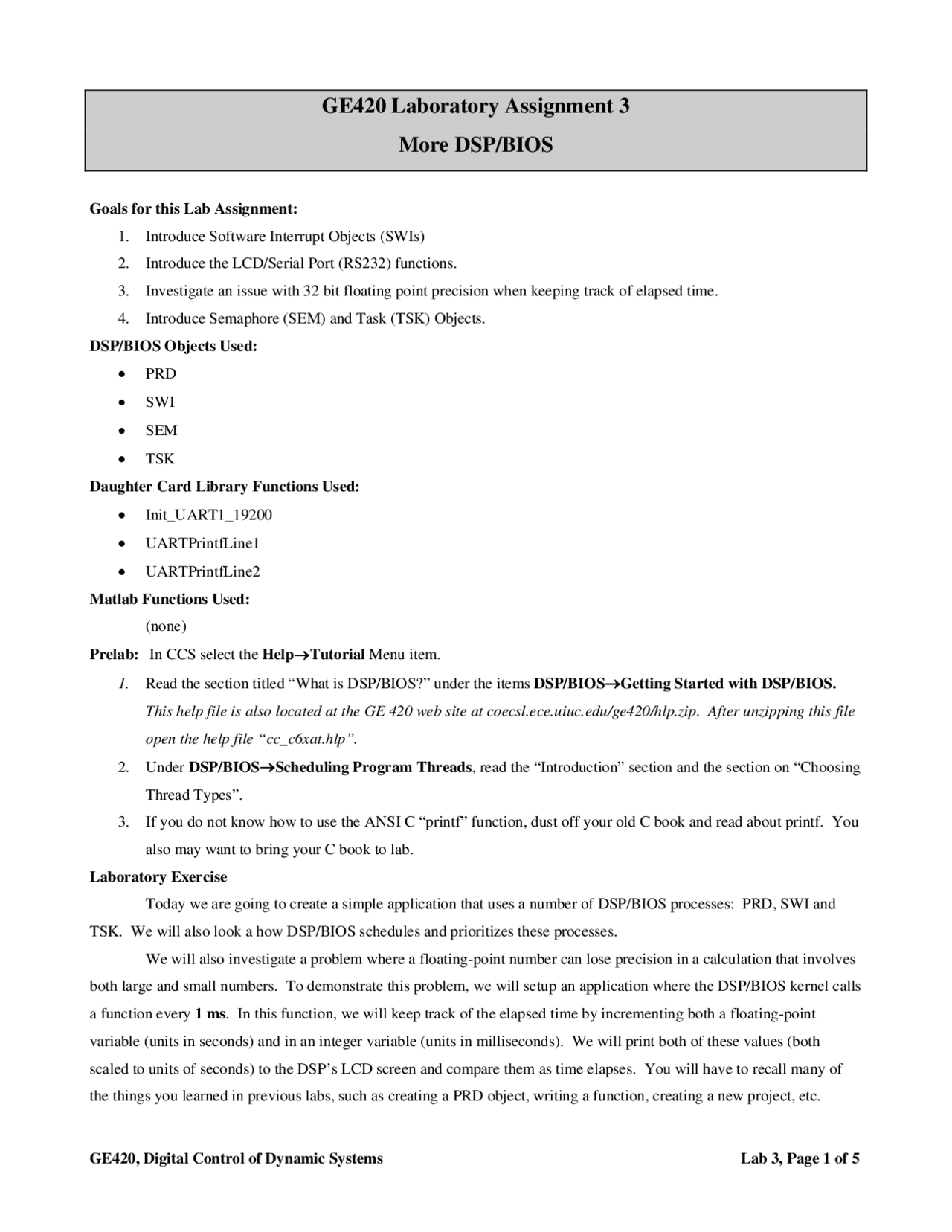 Laboratory Assignment 3 More Dsp And Bios Ge 420 Docsity