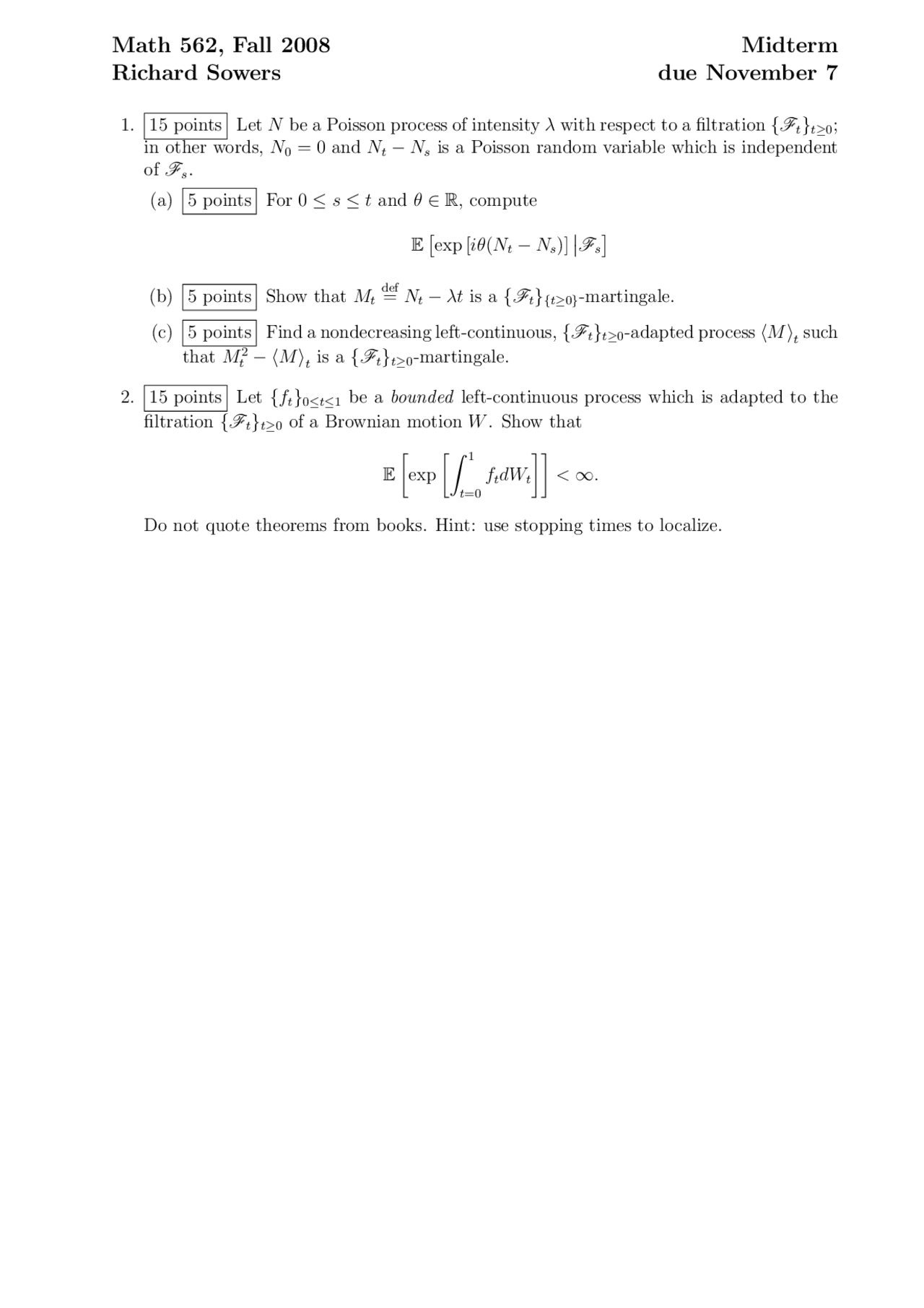 Midterm Exam for Theory of Probability II | MATH 562 - Docsity