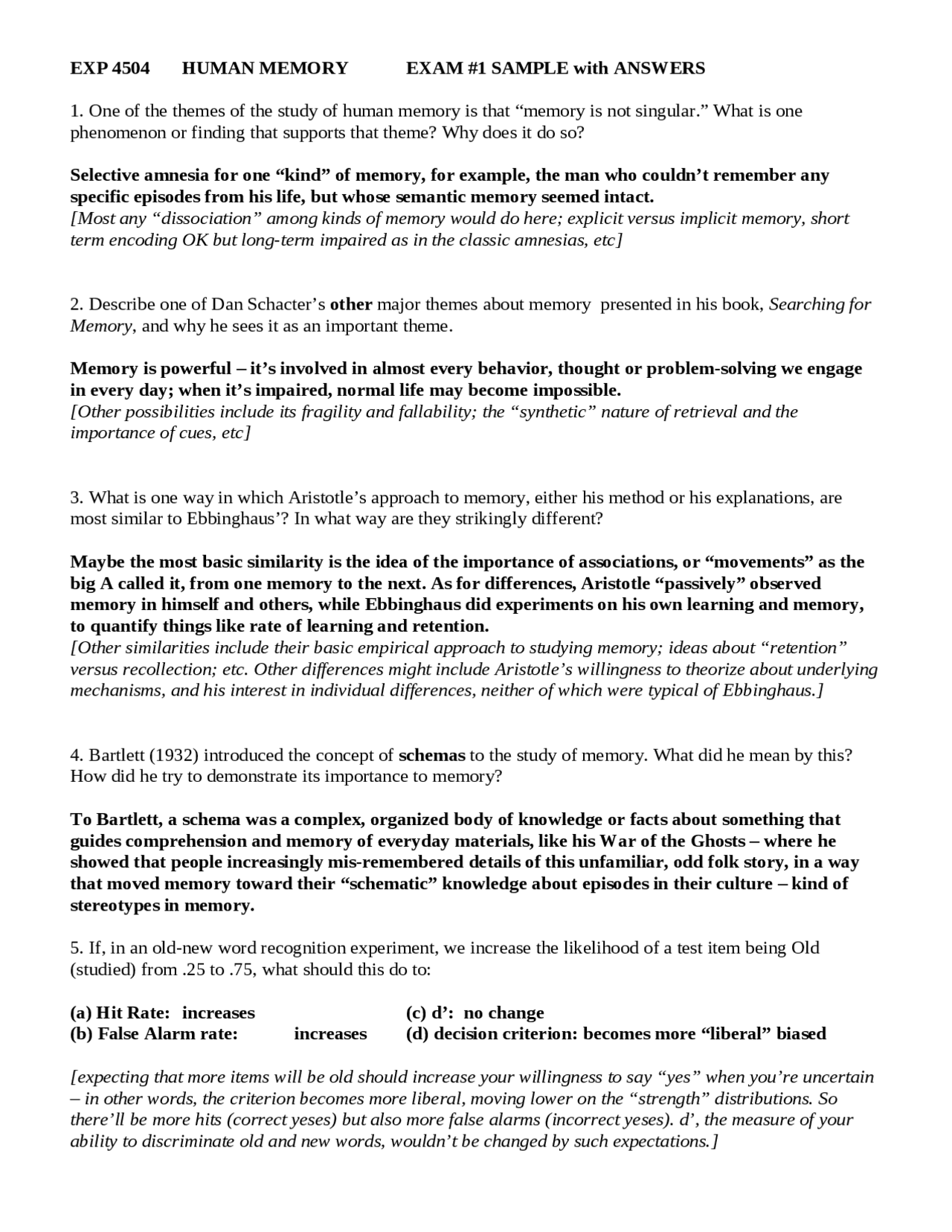 Practice Exam 1 Solutions Human Memory Exp 4504 Docsity