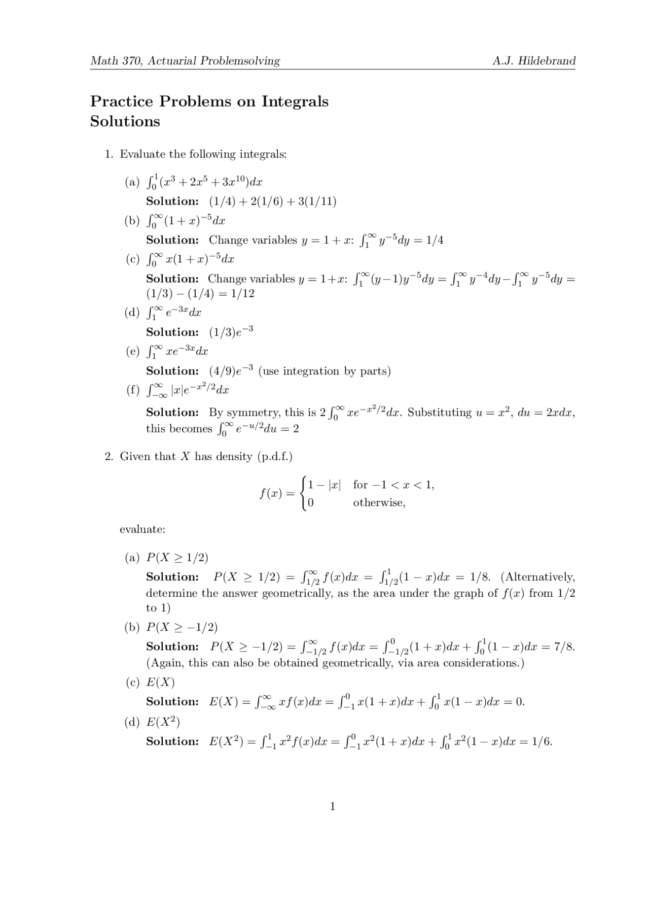 Practice Problems On Integrals Actuarial Problem Solving Math 370