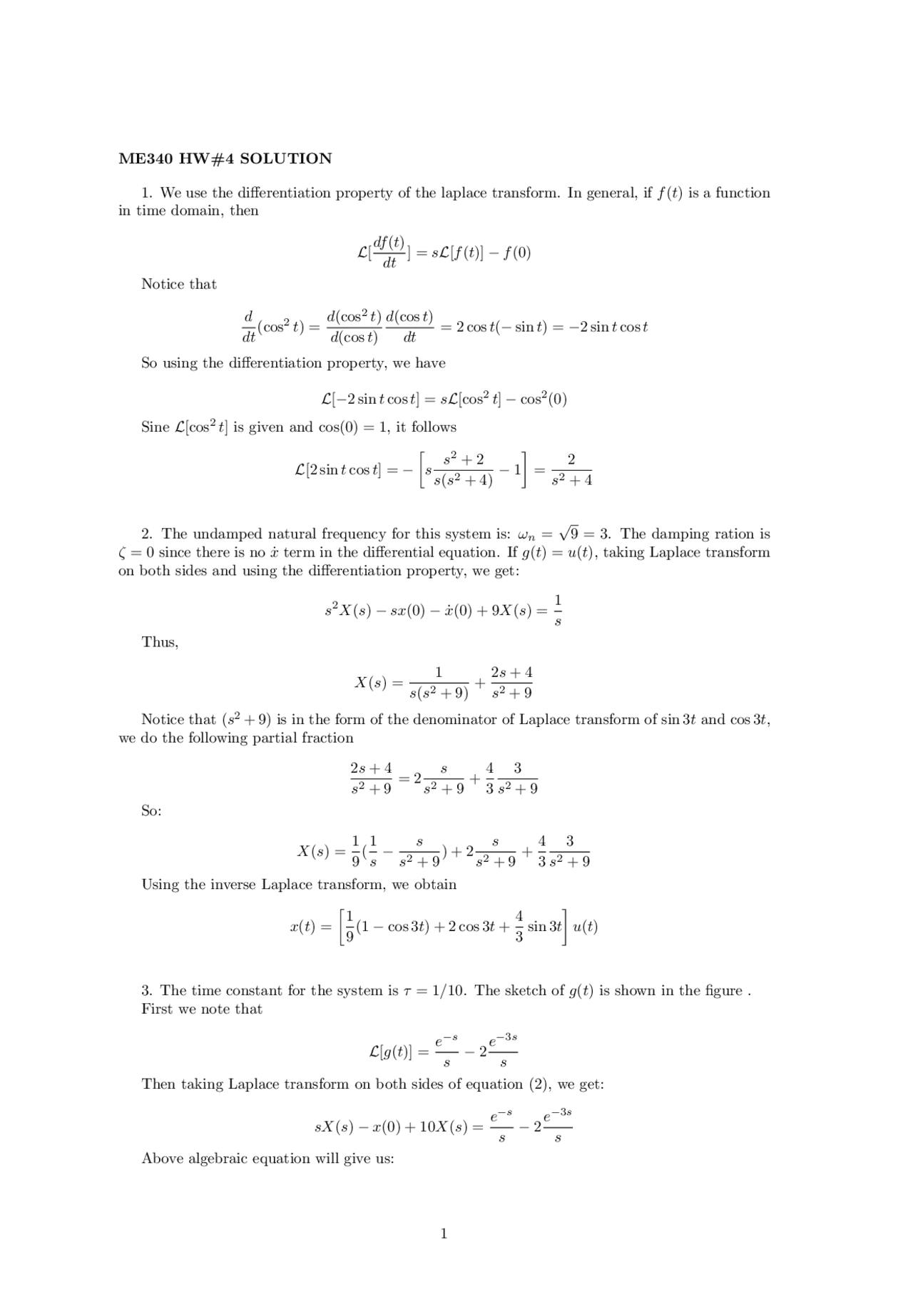 Homework 4 Solutions - Dynamics of Mechanical Systems | ME 340 - Docsity