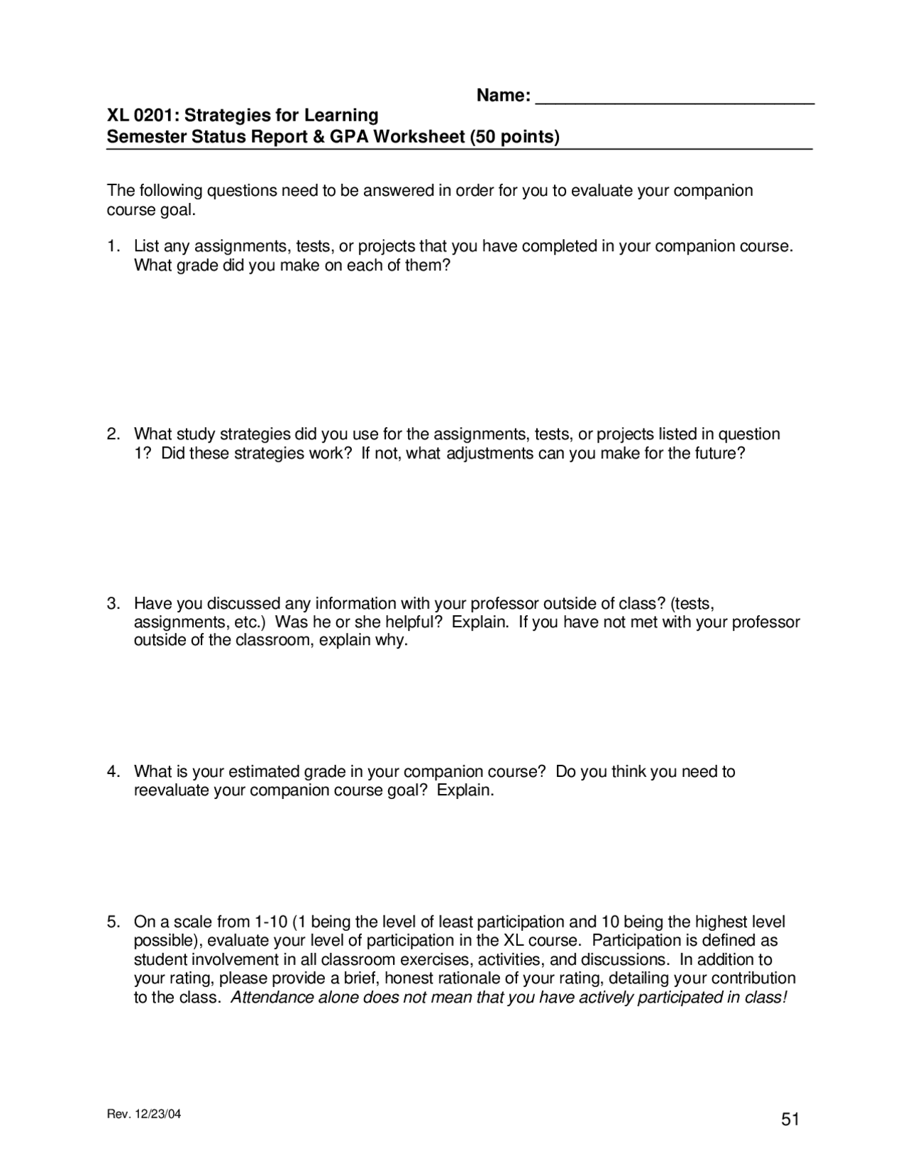 Strategies for Learning Semester Status Report and GPA Worksheet | XL 0201 - Docsity