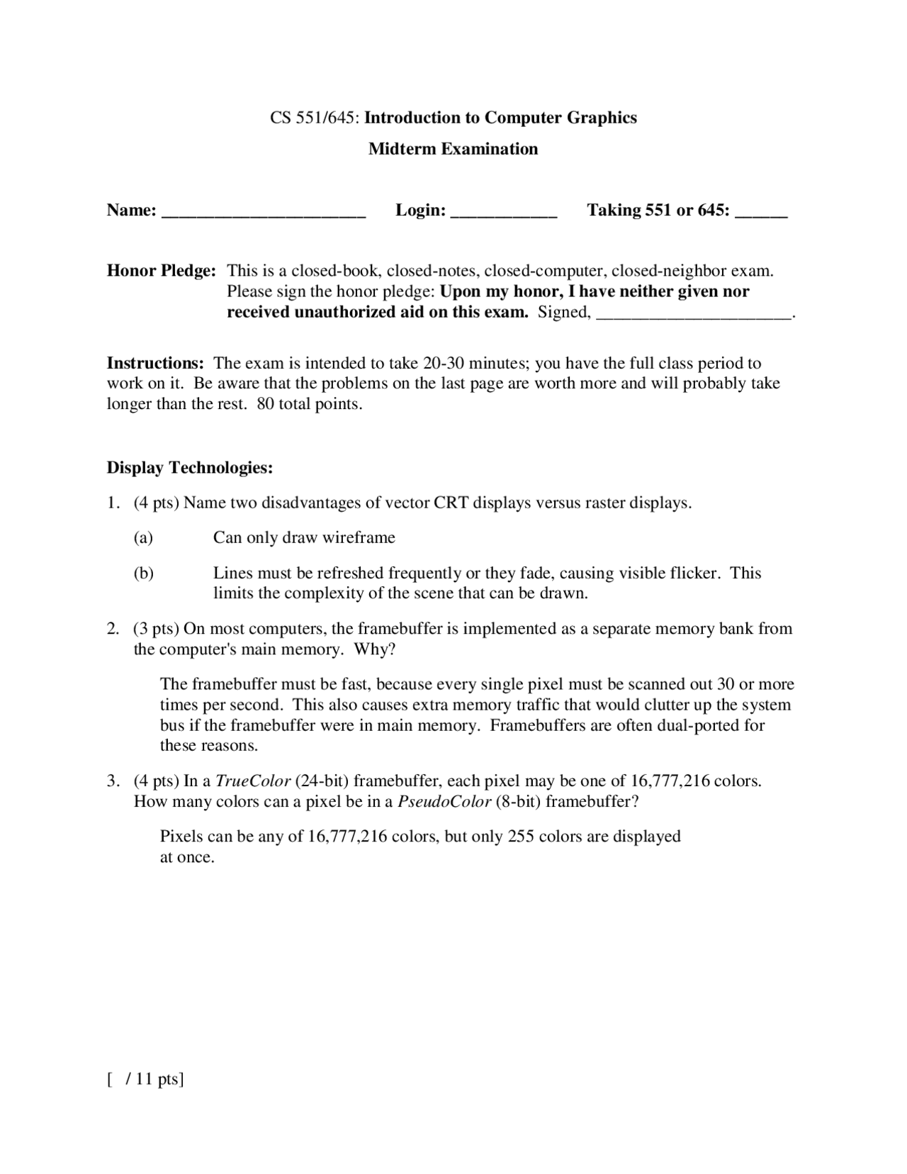 Introduction To Computer Graphics Midterm Examination Cs 5501 Docsity