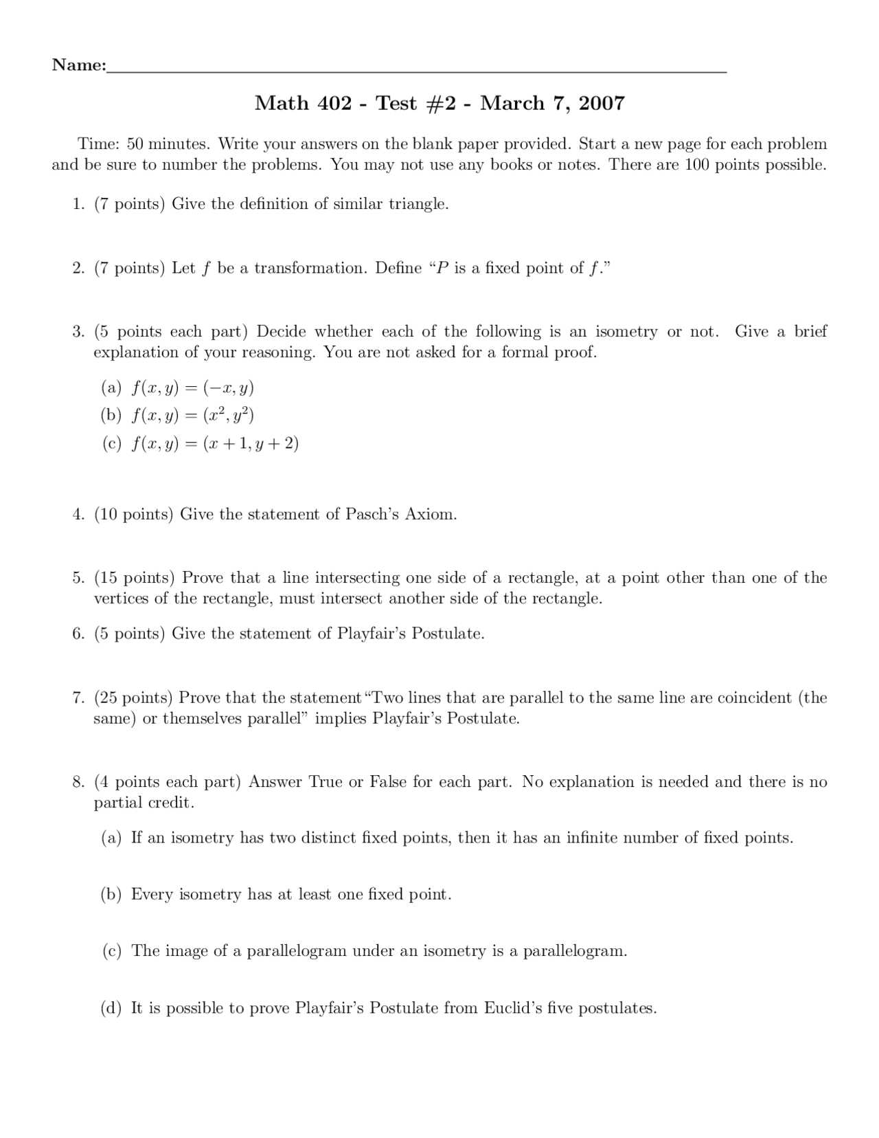 8 Questions In Exam 2 Non Euclidean Geometry Math 402 Docsity