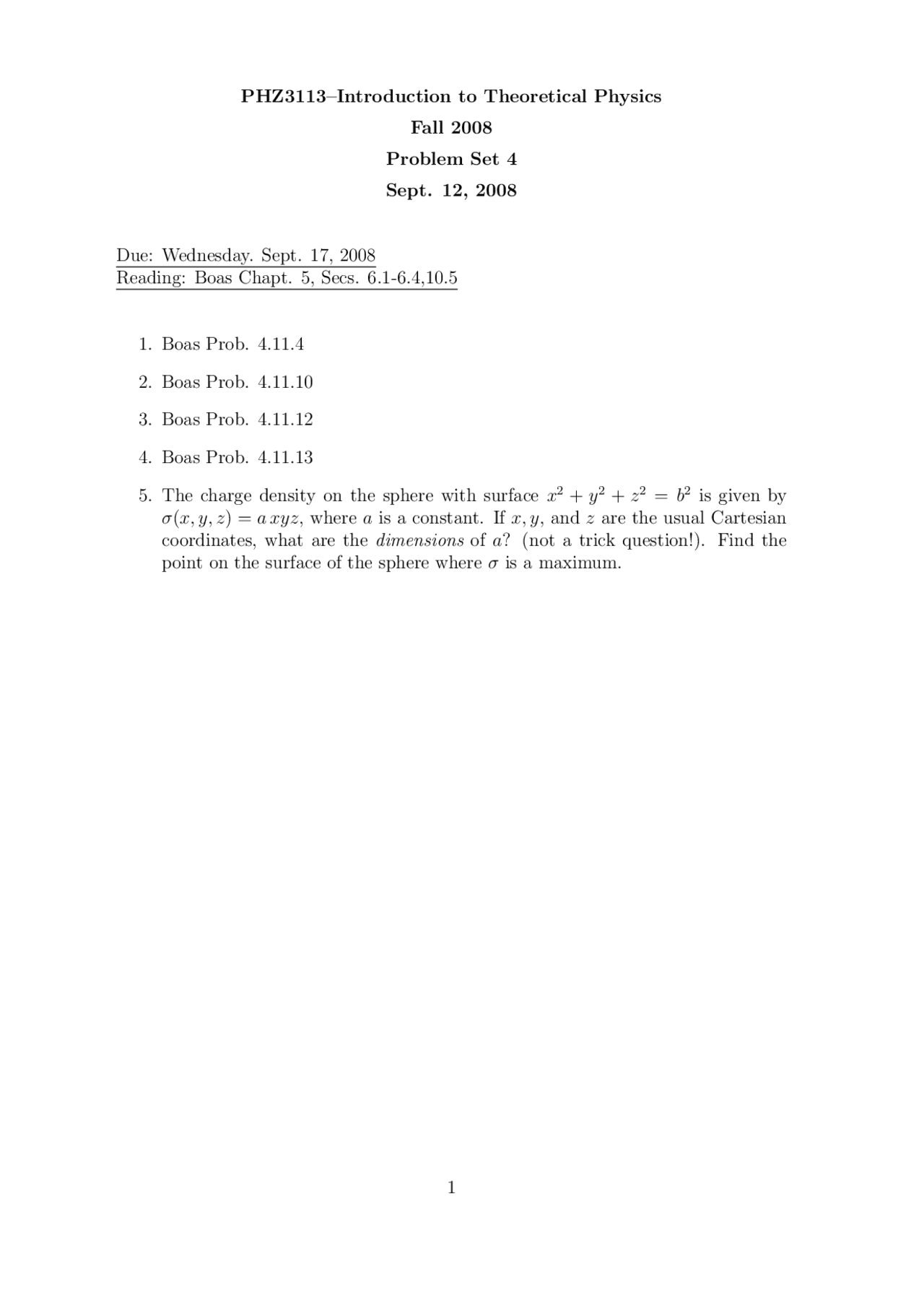 Problem Set 4 Introduction To Theoretical Physics Phz 3113 Docsity