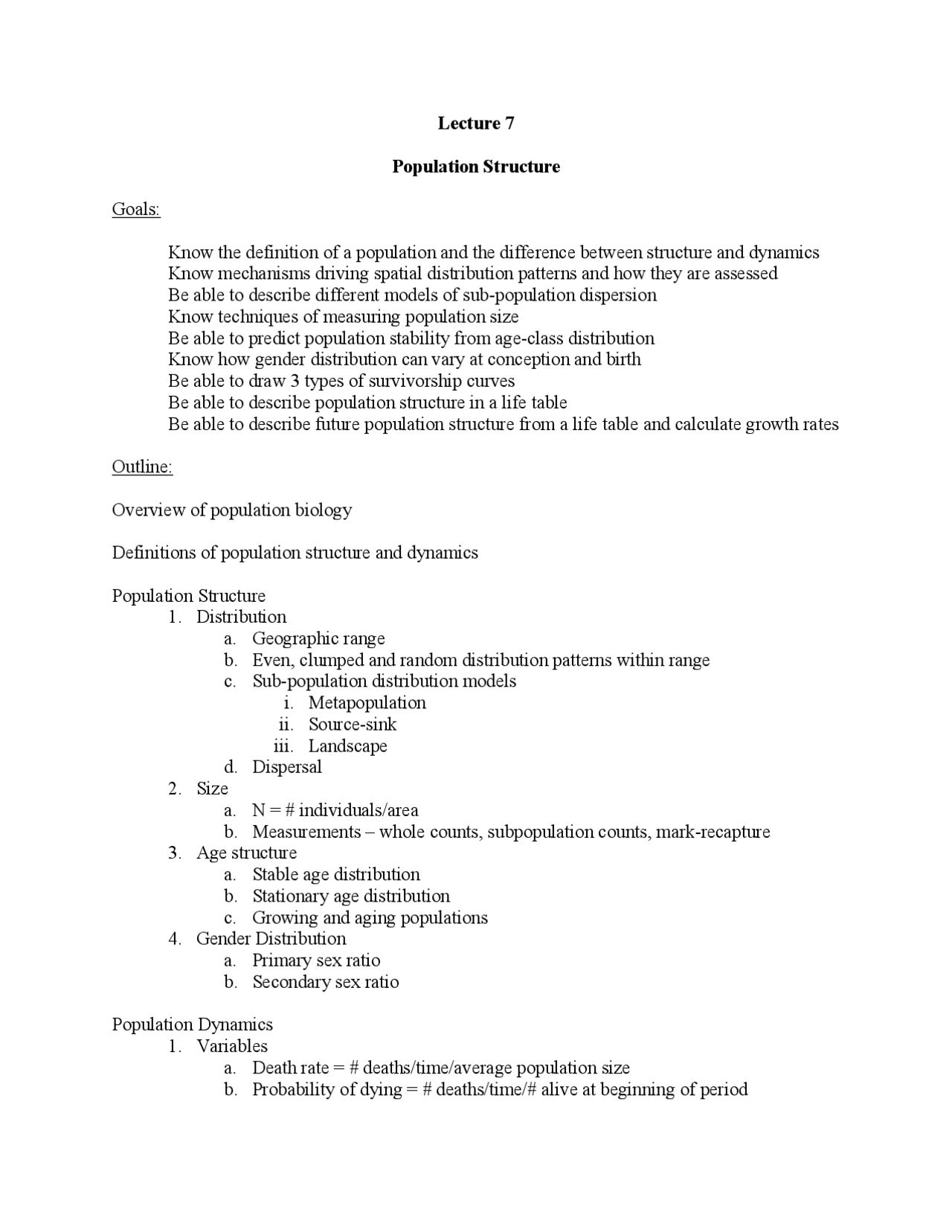 Notes On Population Structure In Ecology Pcb 3043 Docsity