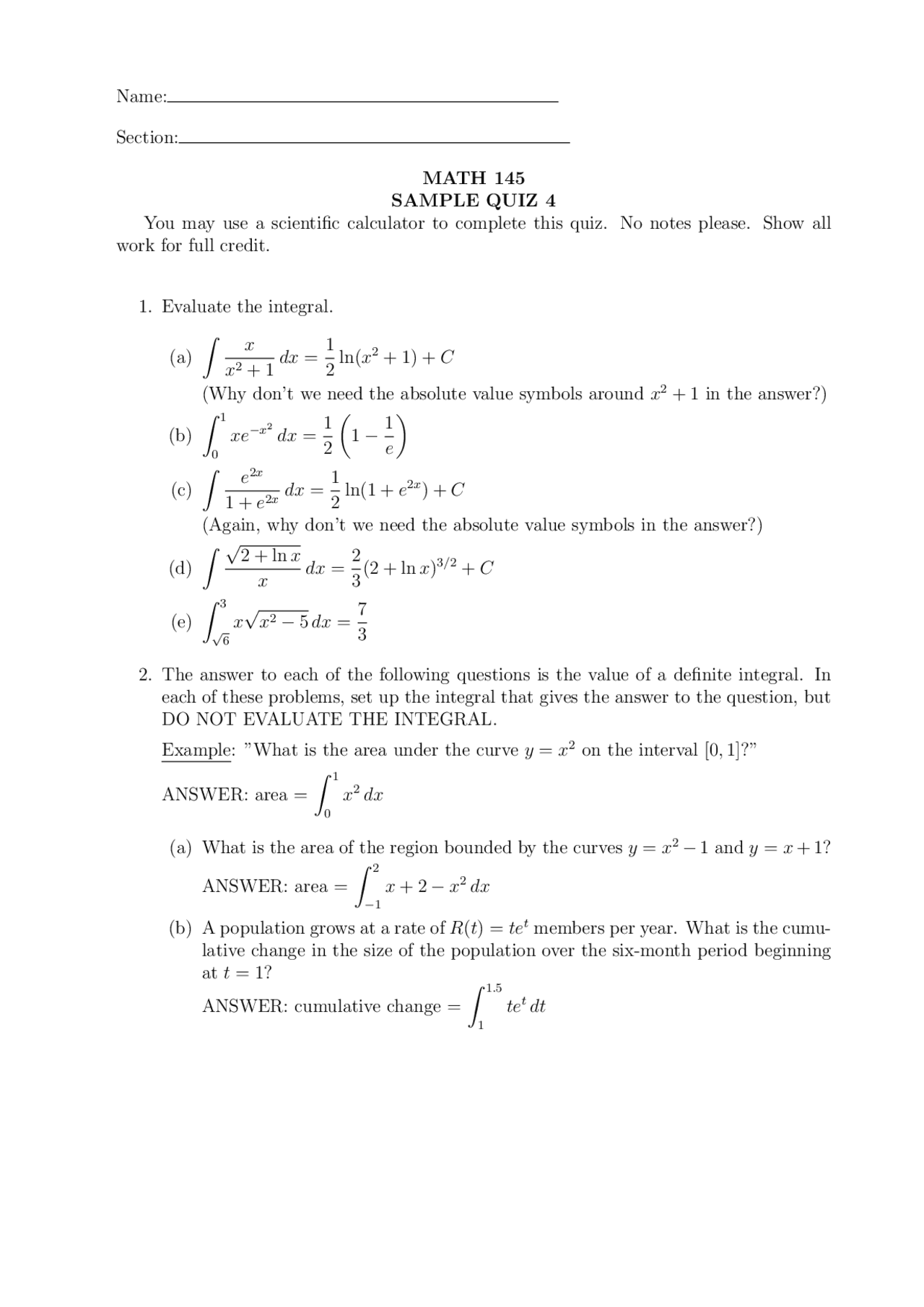 Sample Questions For Quiz 4 Life Science Calculus Math 145 Docsity