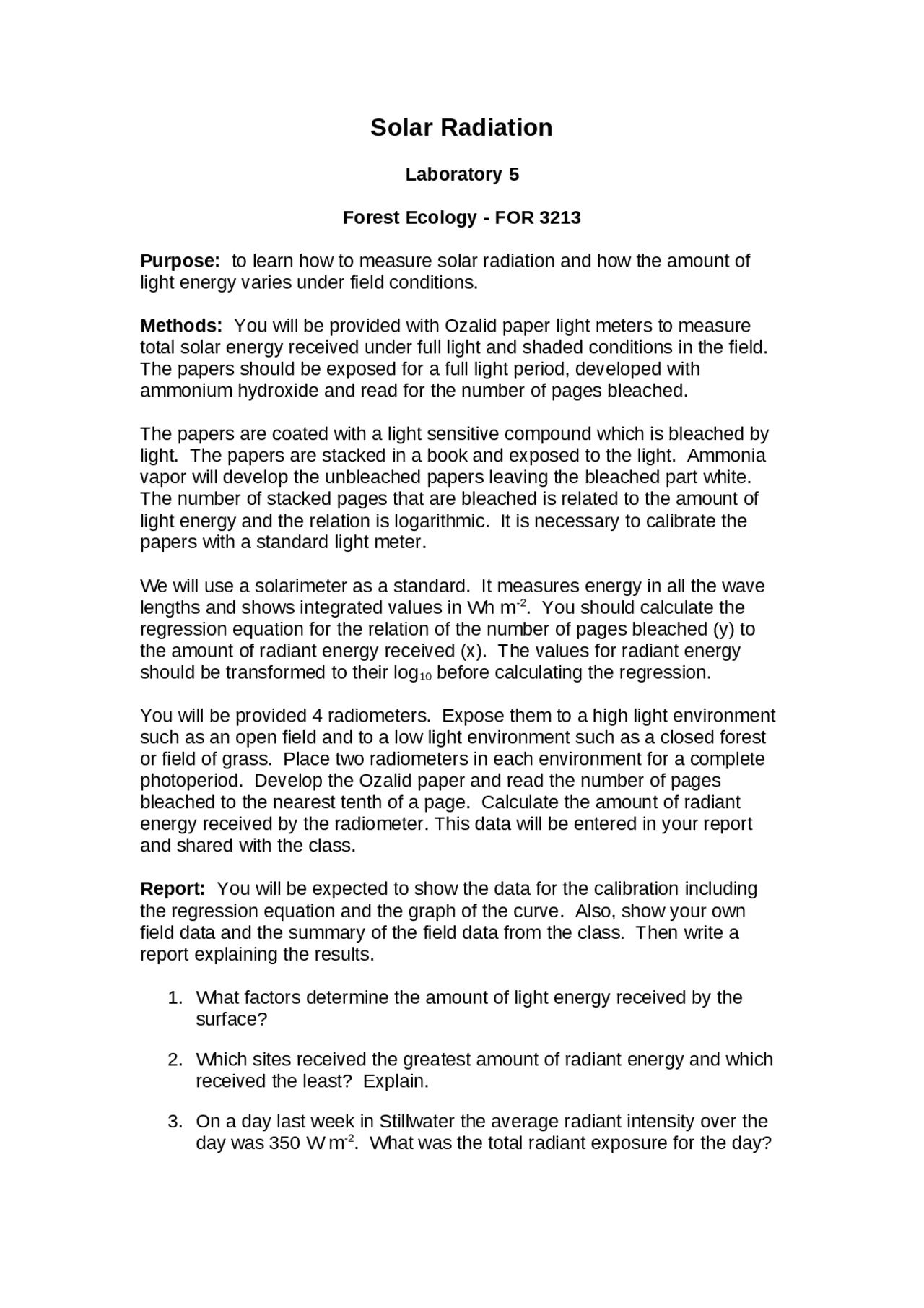 Lab 5 Solar Radiation Forest Ecology For 3213 Docsity