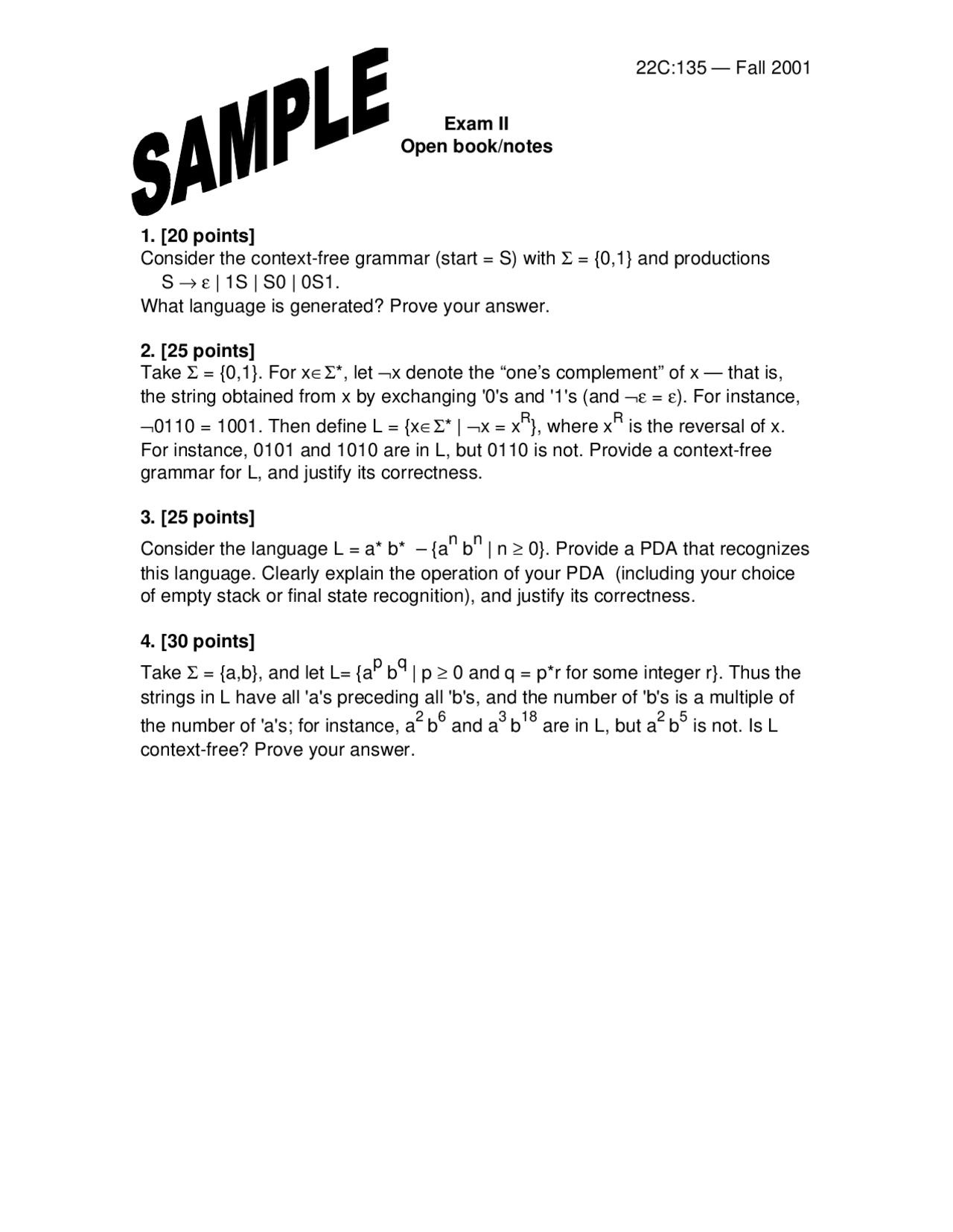 Sample Exam 2 | Theory of Computation 2001 | 22C 135 - Docsity