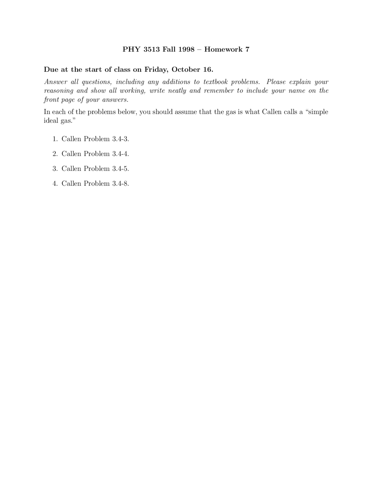 Homework 7 Problems For Thermal Physics Phy 3513 Assignments