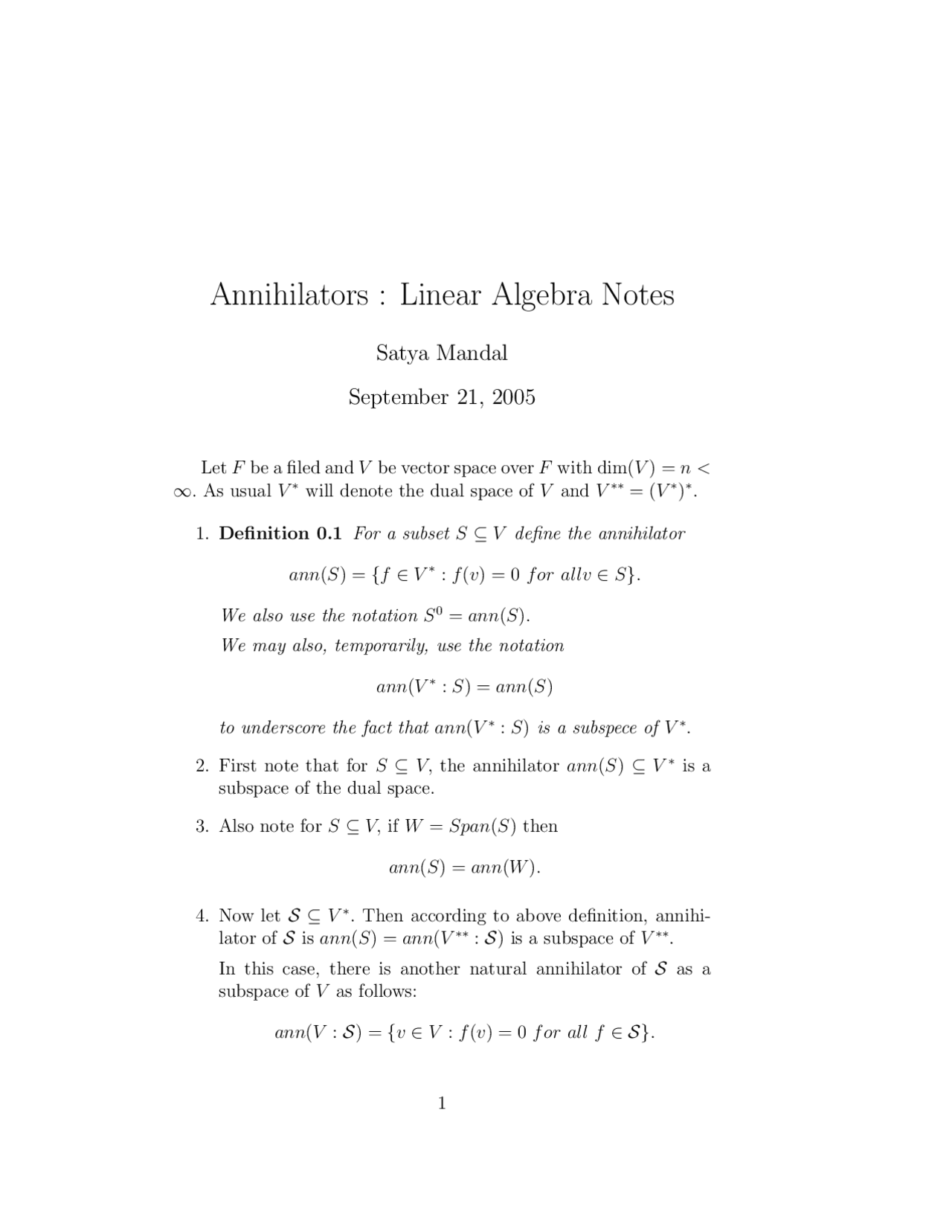 Annihilators Linear Algebra Notes Solved Theorems Math 790 Docsity