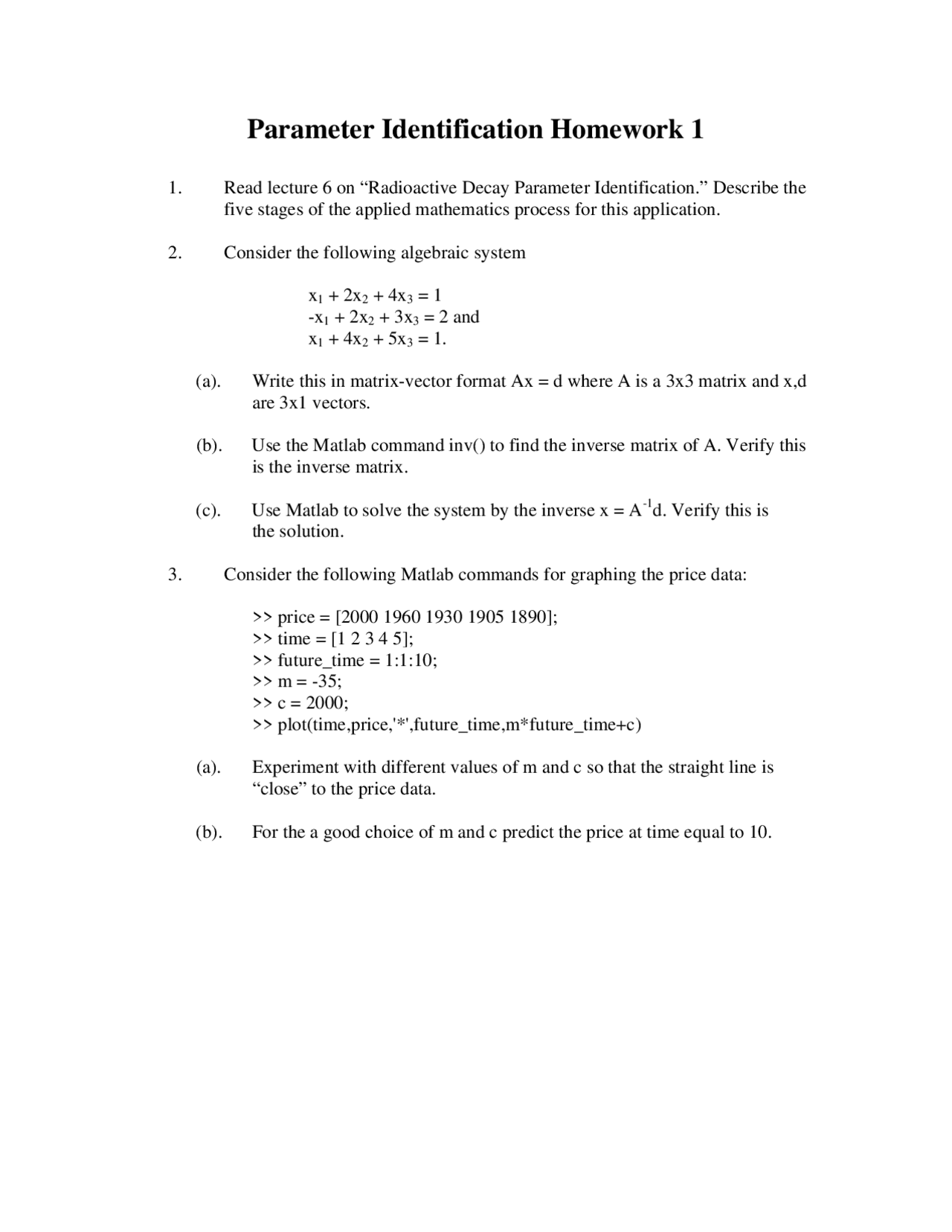 Parameter Identification Assignment 1 Ma 325 Docsity