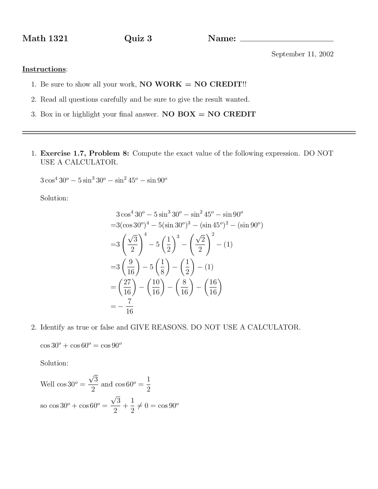 Quiz 3 With Solutions Trigonometry Math 1321 Docsity