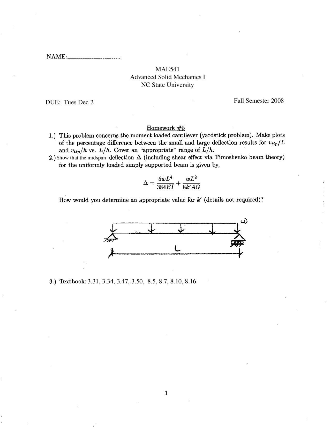 Assignment 1 for Advanced Solid Mechanics I | MAE 541 - Docsity