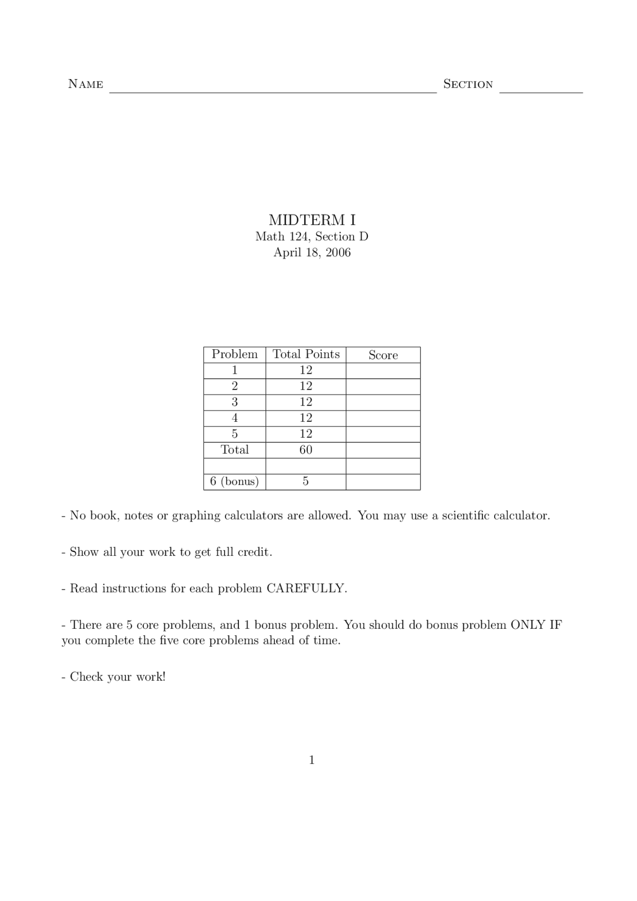 Midterm 1 Calculus And Analytical Geometry Ii Math 124 Docsity