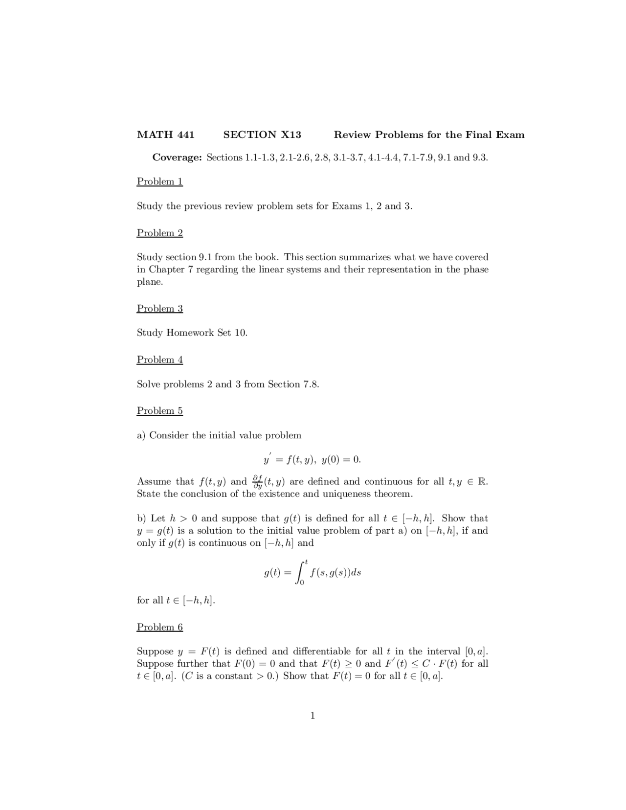 Review Problems for Final Exam - Differential Equations | MATH 441 ...