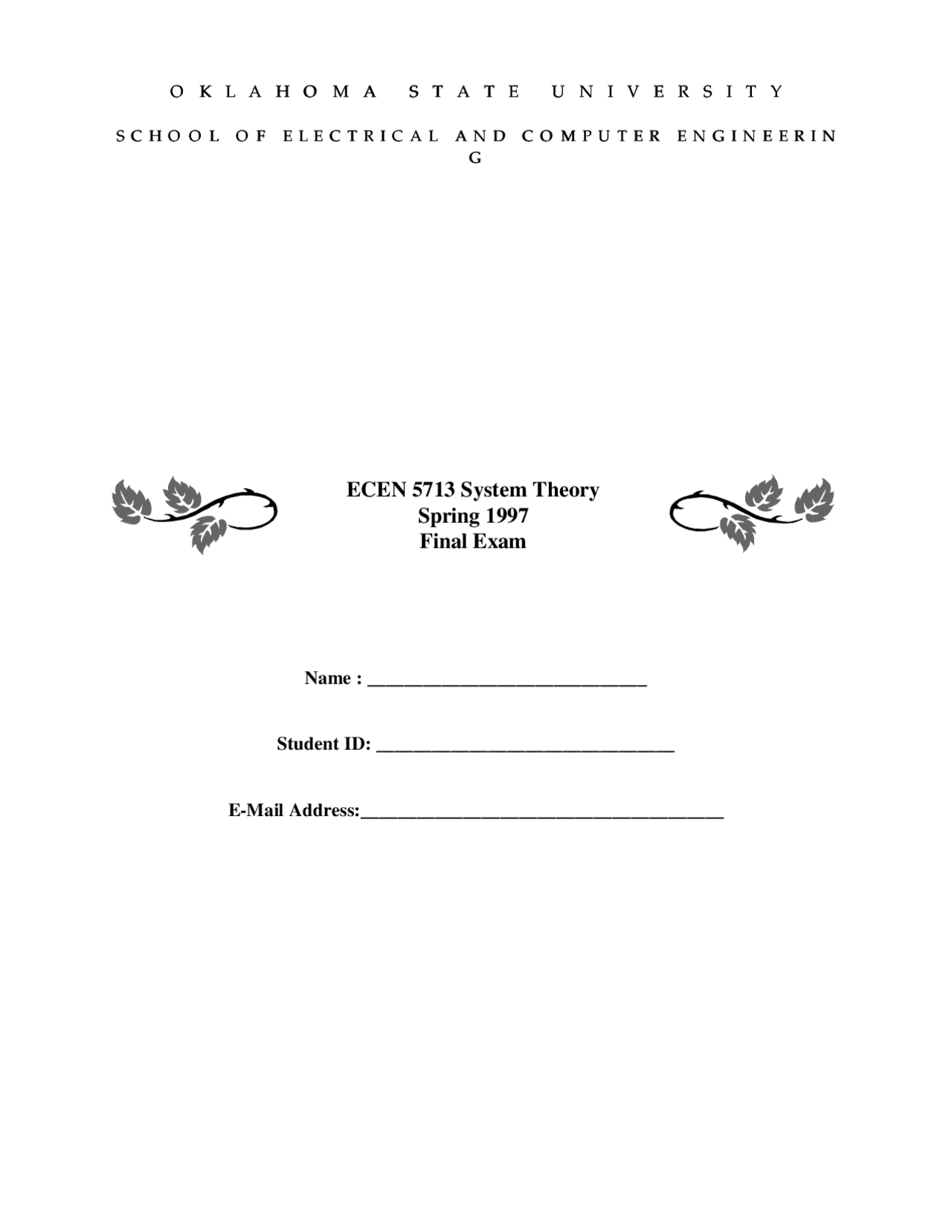 Final Exam 5 Problems For Resolutions Linear Systems Ecen 5713