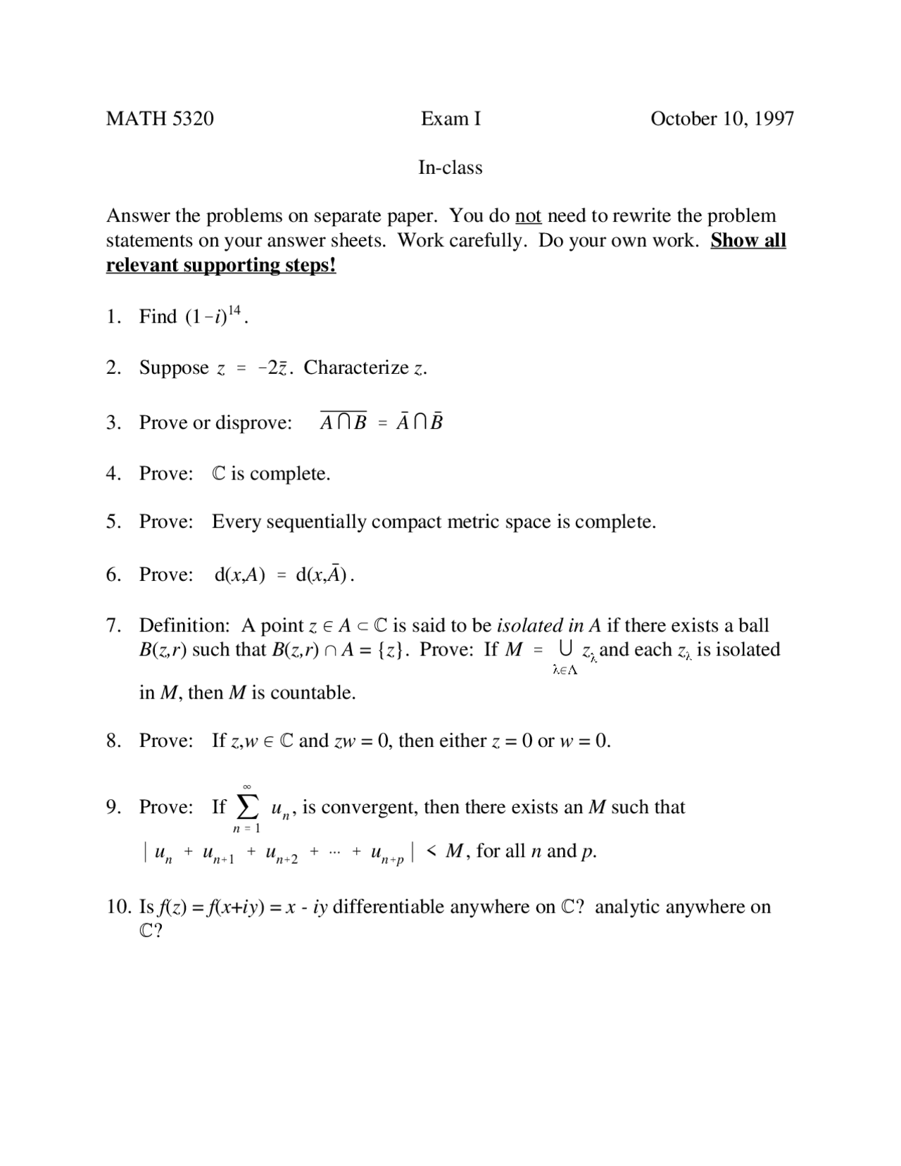 10 Problems On Differentiable Functions Exam 1 Math 5320 Docsity