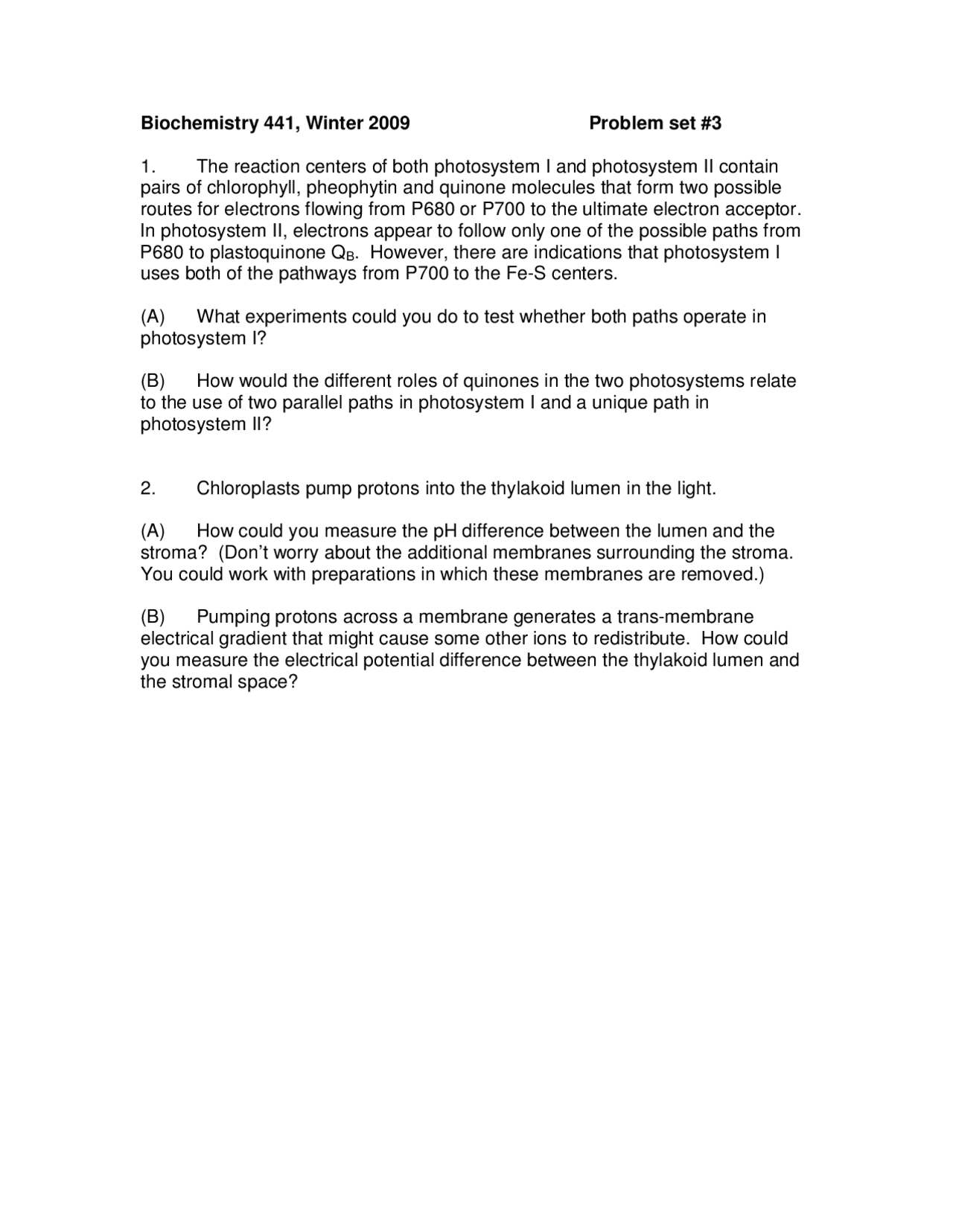 Problem Set 3 Questions Biochemistry Bioc 441 Docsity