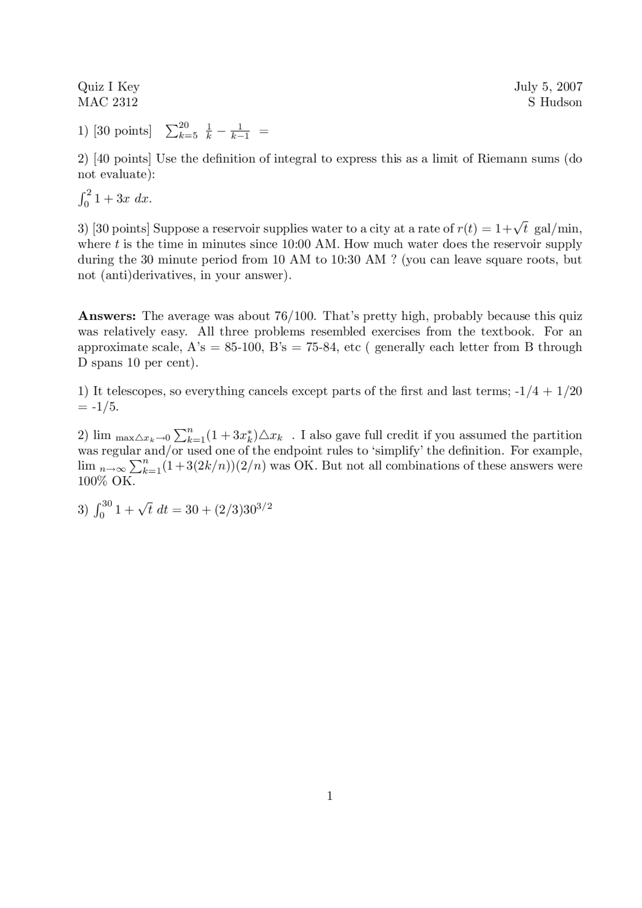Quiz 1 With Solution Calculus Ii Mac 2312 Docsity