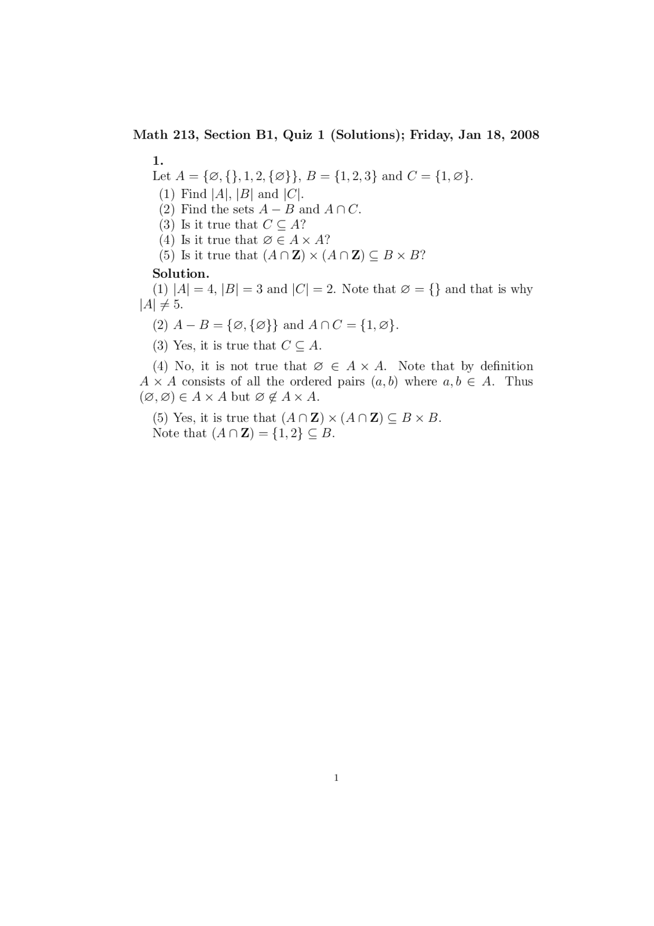 Quiz 1 Questions with Solutions - Basic Discrete Mathematics | MATH 213 - Docsity