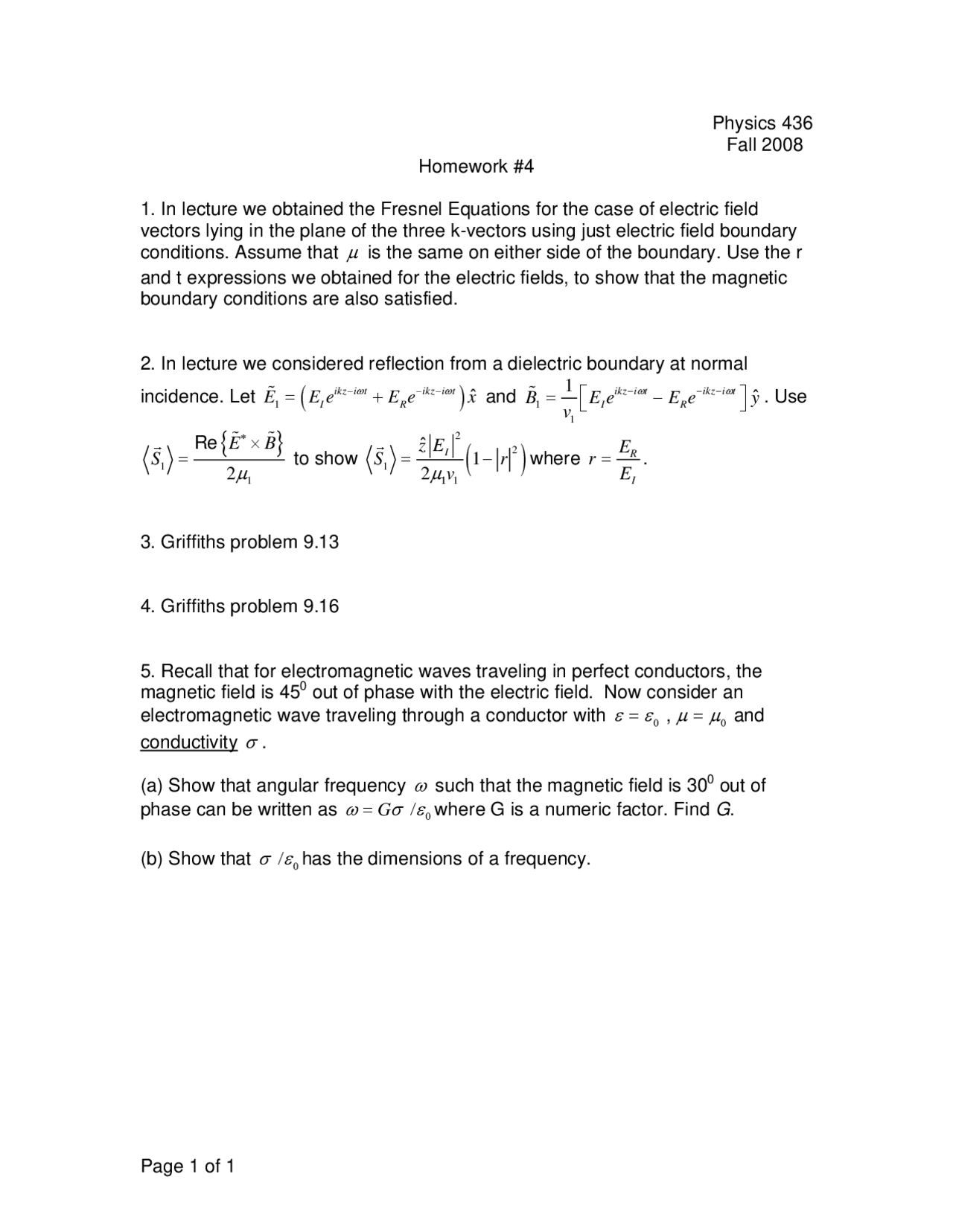 5 Questions On Electromagnetic Fields Ii Homework 4 Phys 436 Docsity