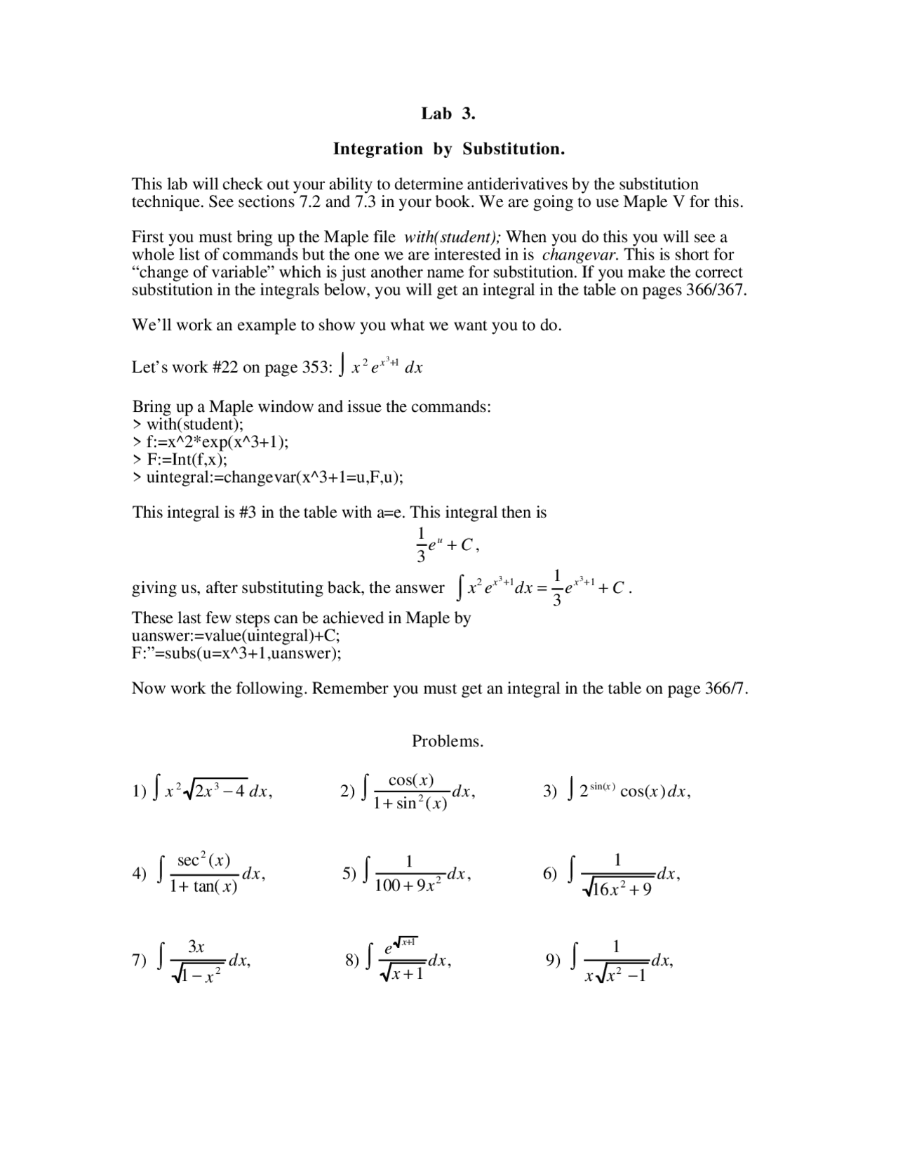Integration By Substitution Laboratory 3 Ma 241 Docsity