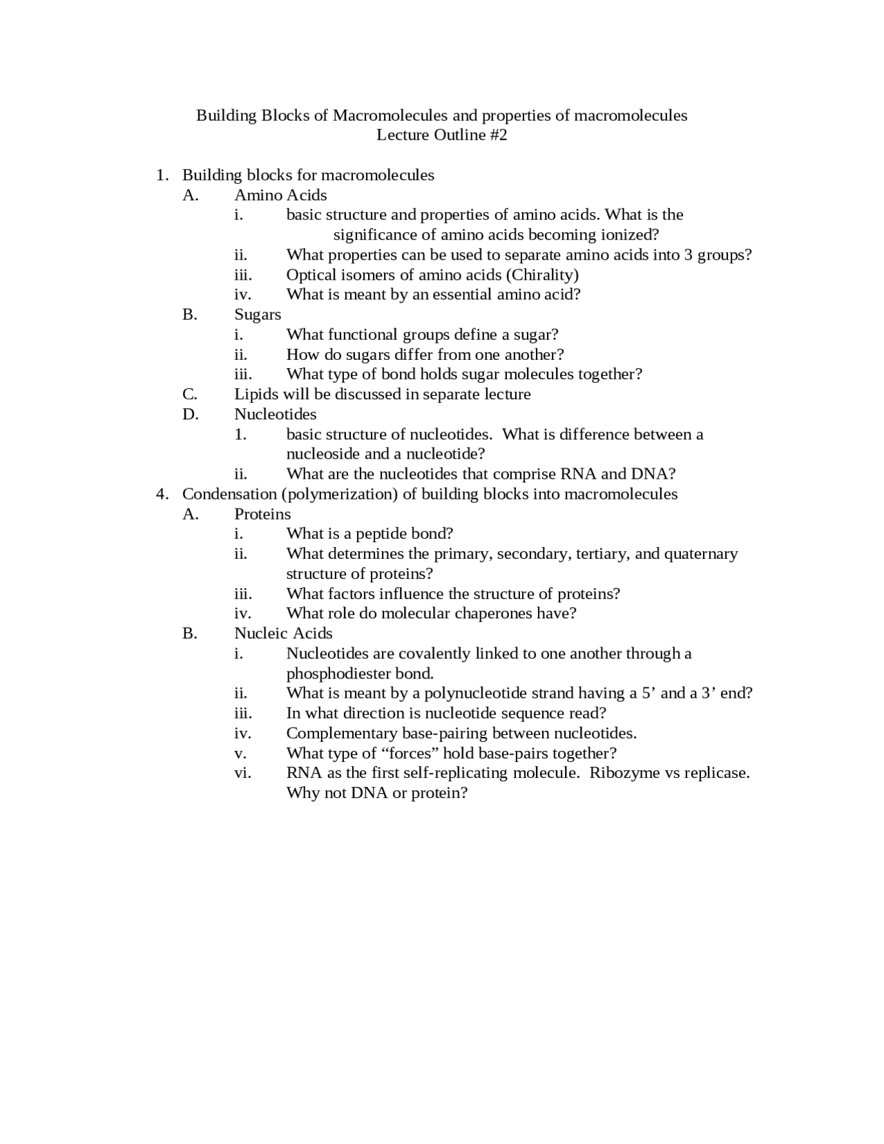 Building Blocks of Macromolecules Outline - Introduction to Biology ...