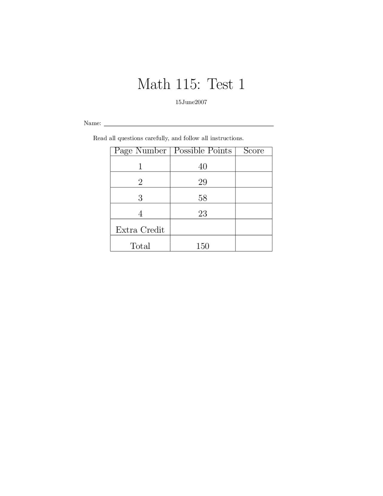 Test 1 With Solutions Calculus I Math 115 Docsity