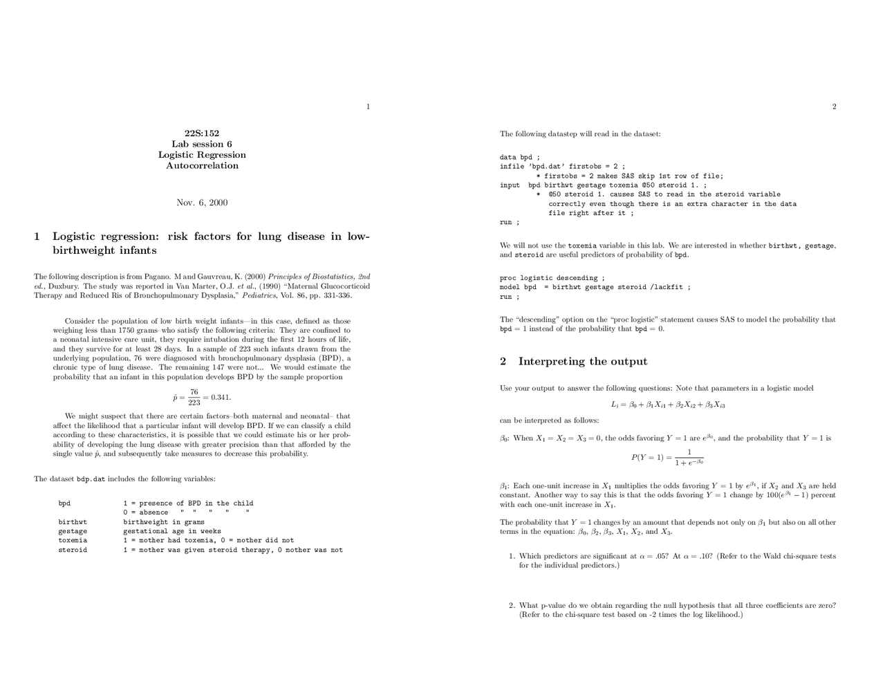 Logistic Regression Autocorrelation - Lab 6 | 22S 152 | Lab Reports Statistics | Docsity