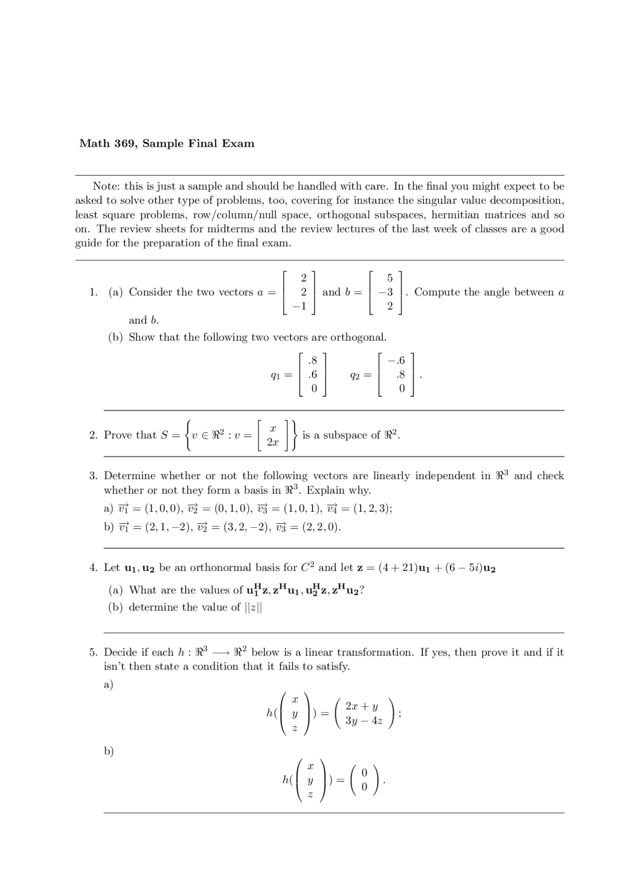 Sample Final Exam For Linear Algebra I Math 369 Docsity