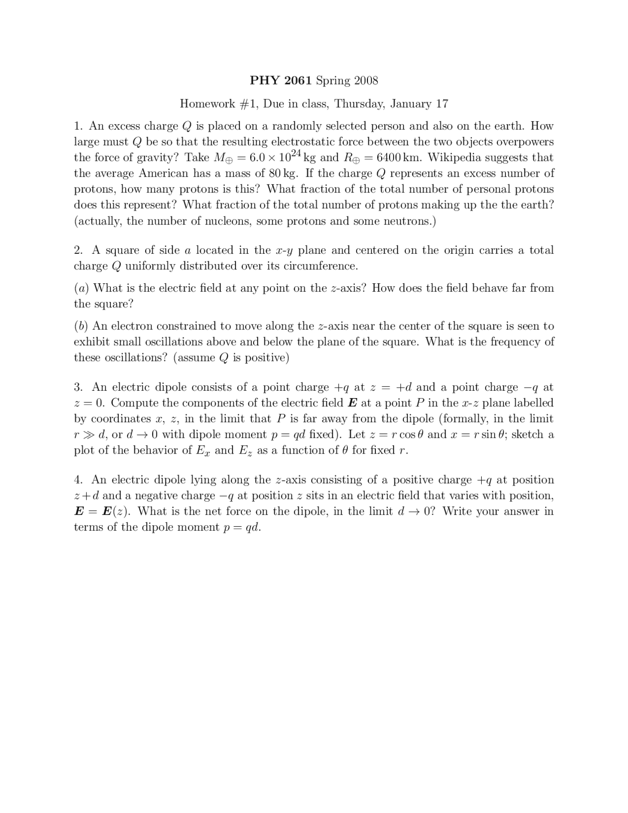 Homework 1 Problems For Enriched Physics With Calculus Phy 2061 Docsity