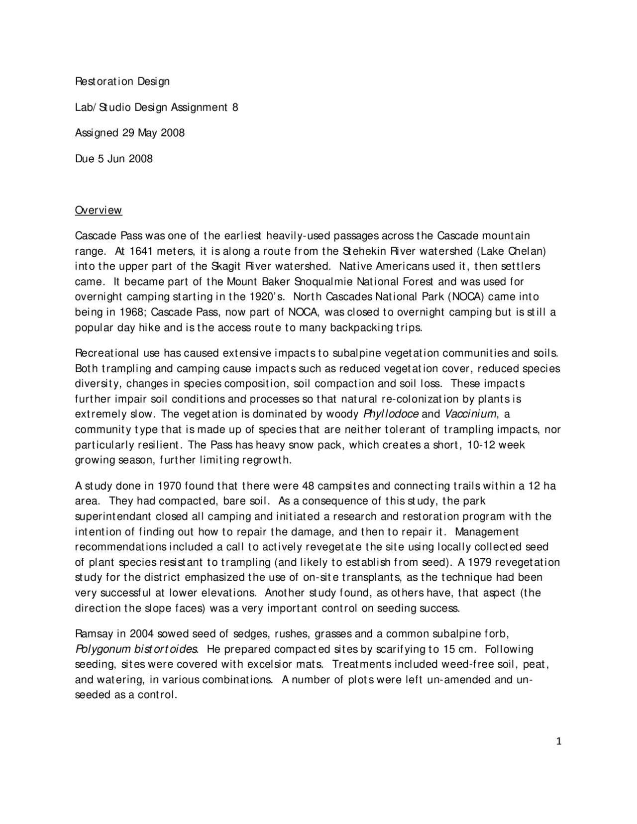 Restoration Design Assignment 8 Esrm 479 Docsity